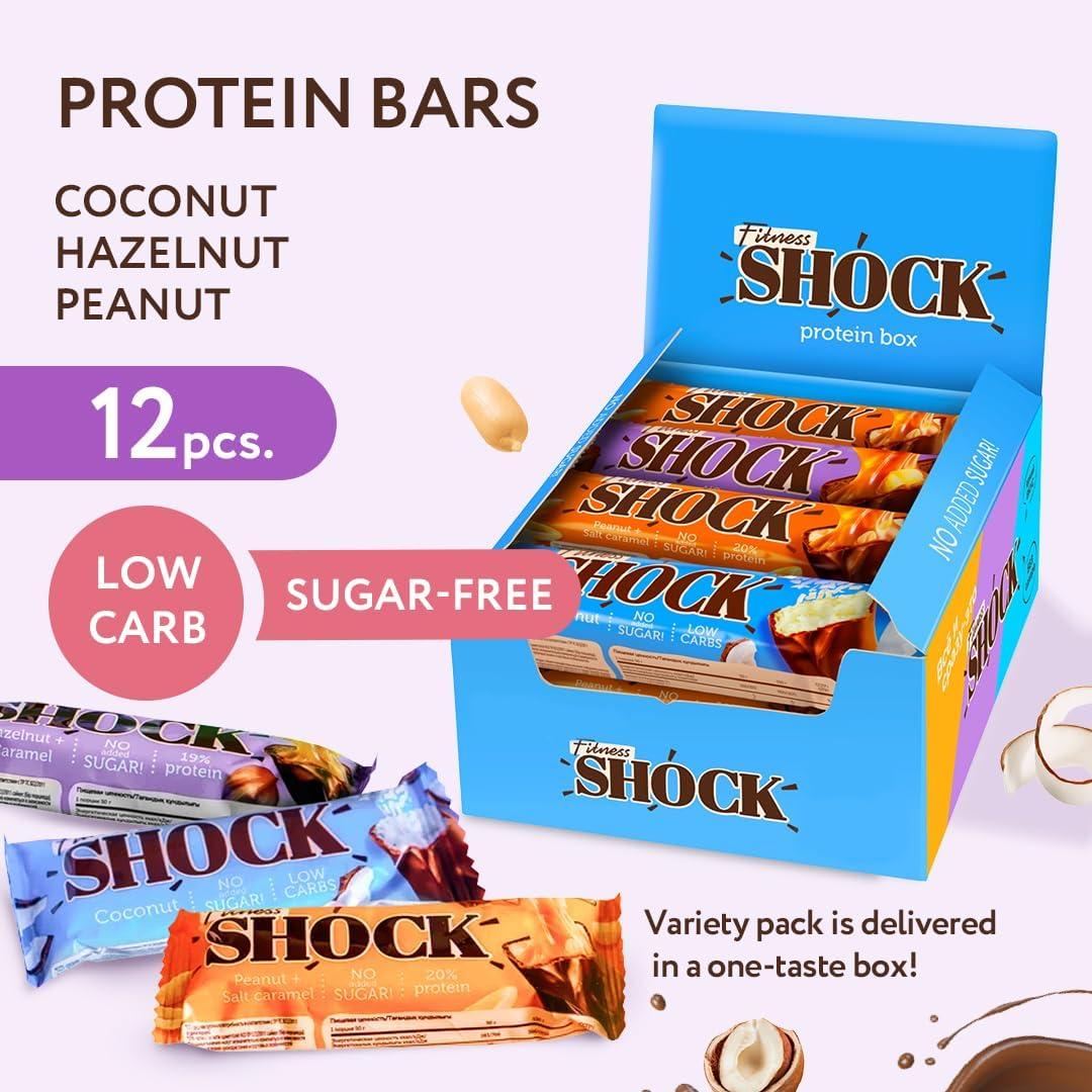 FitnesSHOCK Protein Bar Mix Box 12-Pack Fitness Bars No Added Sugar ...