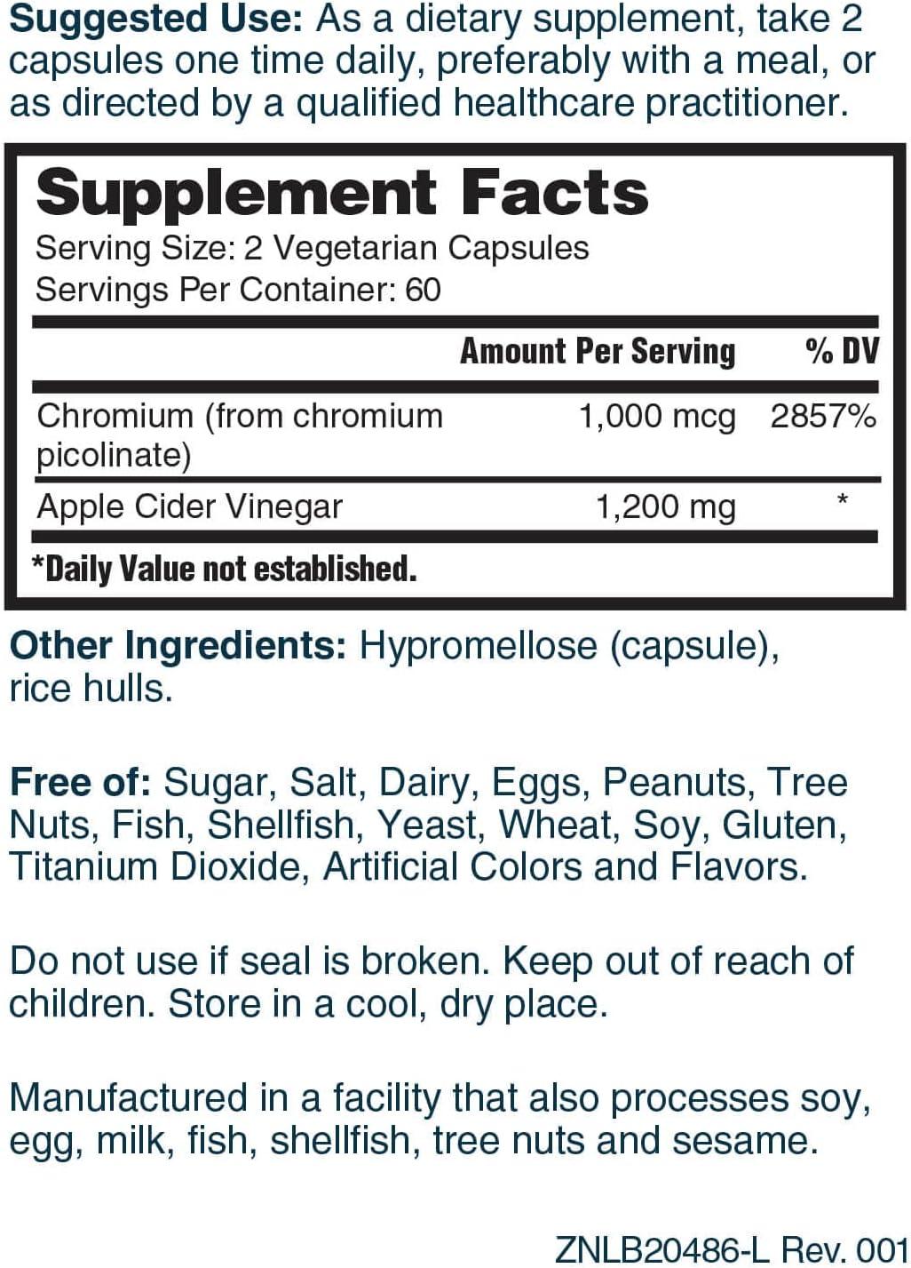 Nature's Lab Apple Cider Vinegar 1200mg with Chromium Capsules - 120 ...