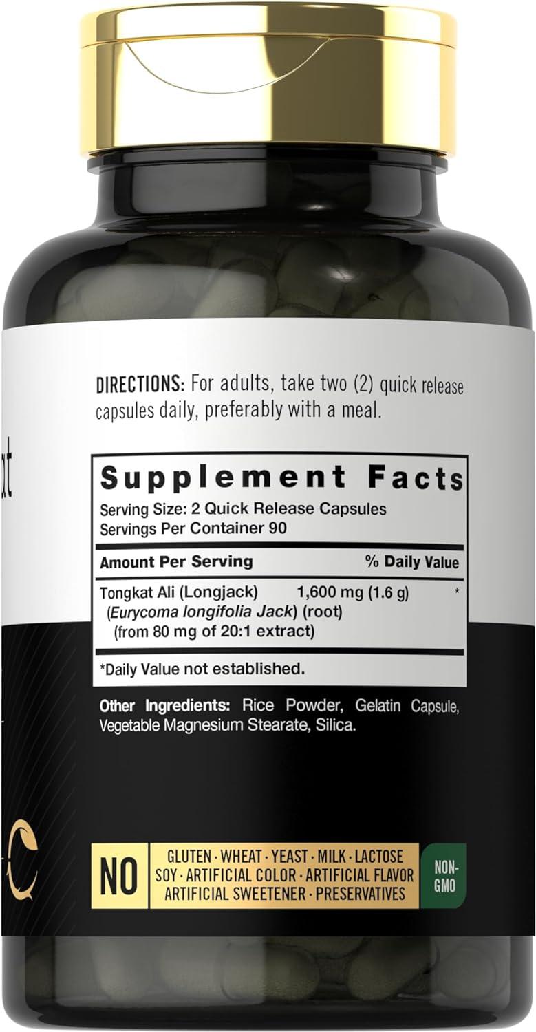 Carlyle Tongkat Ali 180 Quick Release Capsules | 1600mg Non-GMO Gluten Free Supplement for ...