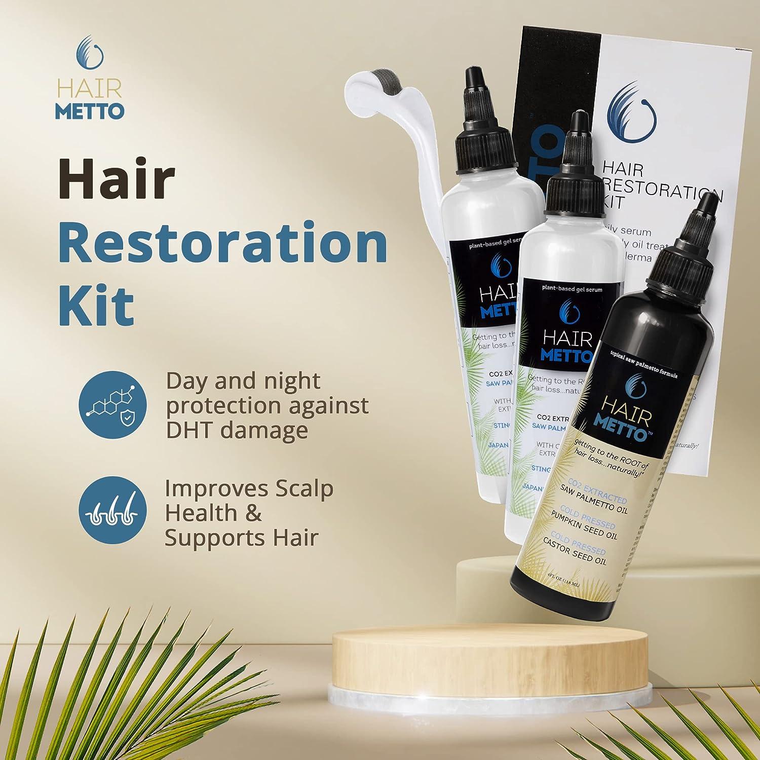 HAIRMETTO Hair Restoration Kit for Men Women Hair Growth Oil Serum Derma Roller Set Promotes Hair Regrowth 118 mL
