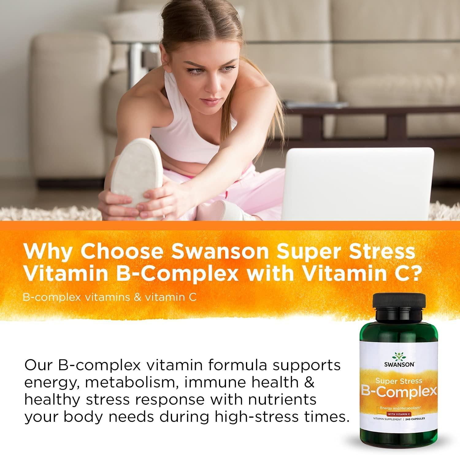 Swanson Super Stress B-Complex with Vitamin C - 240 Capsules for Energy ...