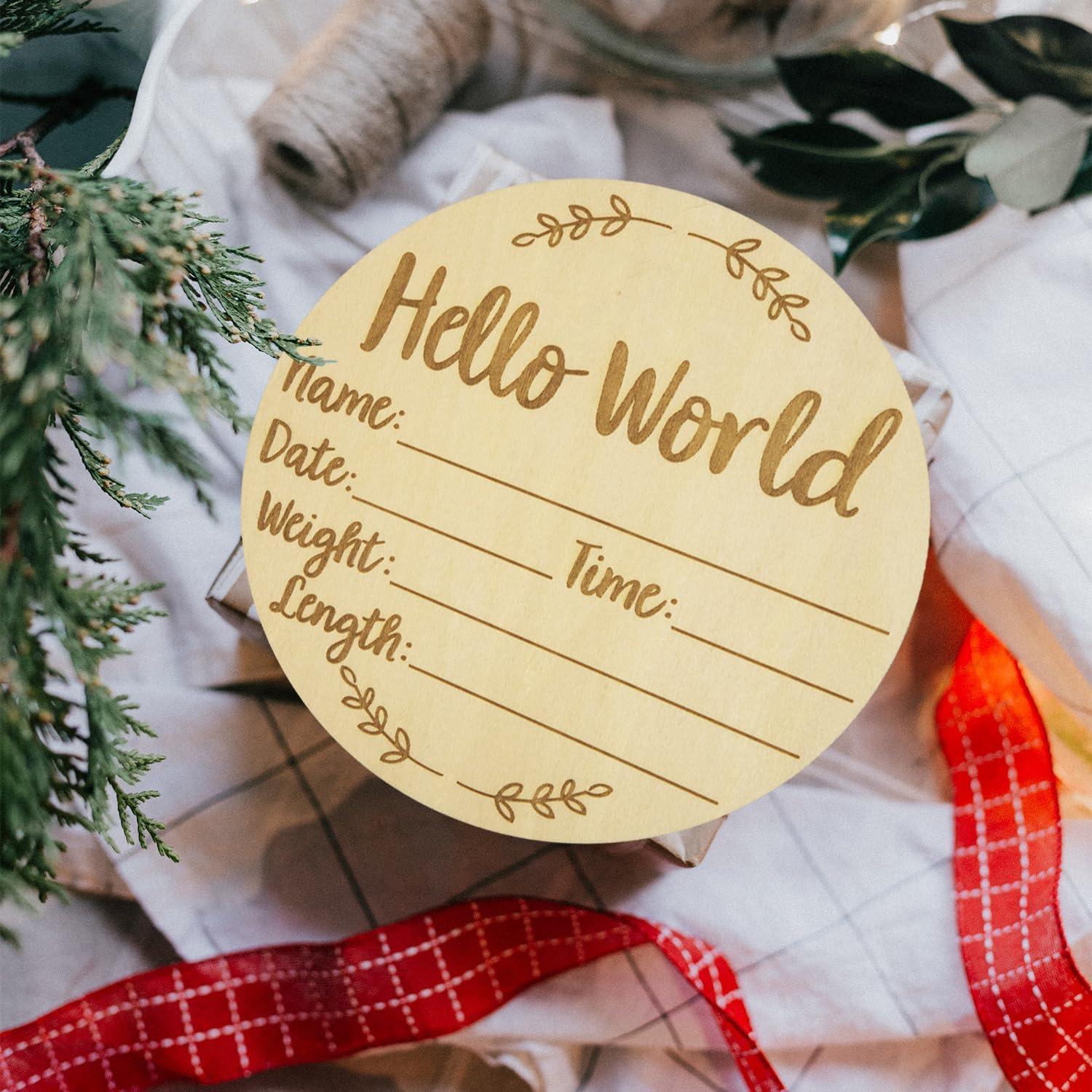 Hello World Wooden Baby Announcement Sign - Newborn Welcome Plaque for ...