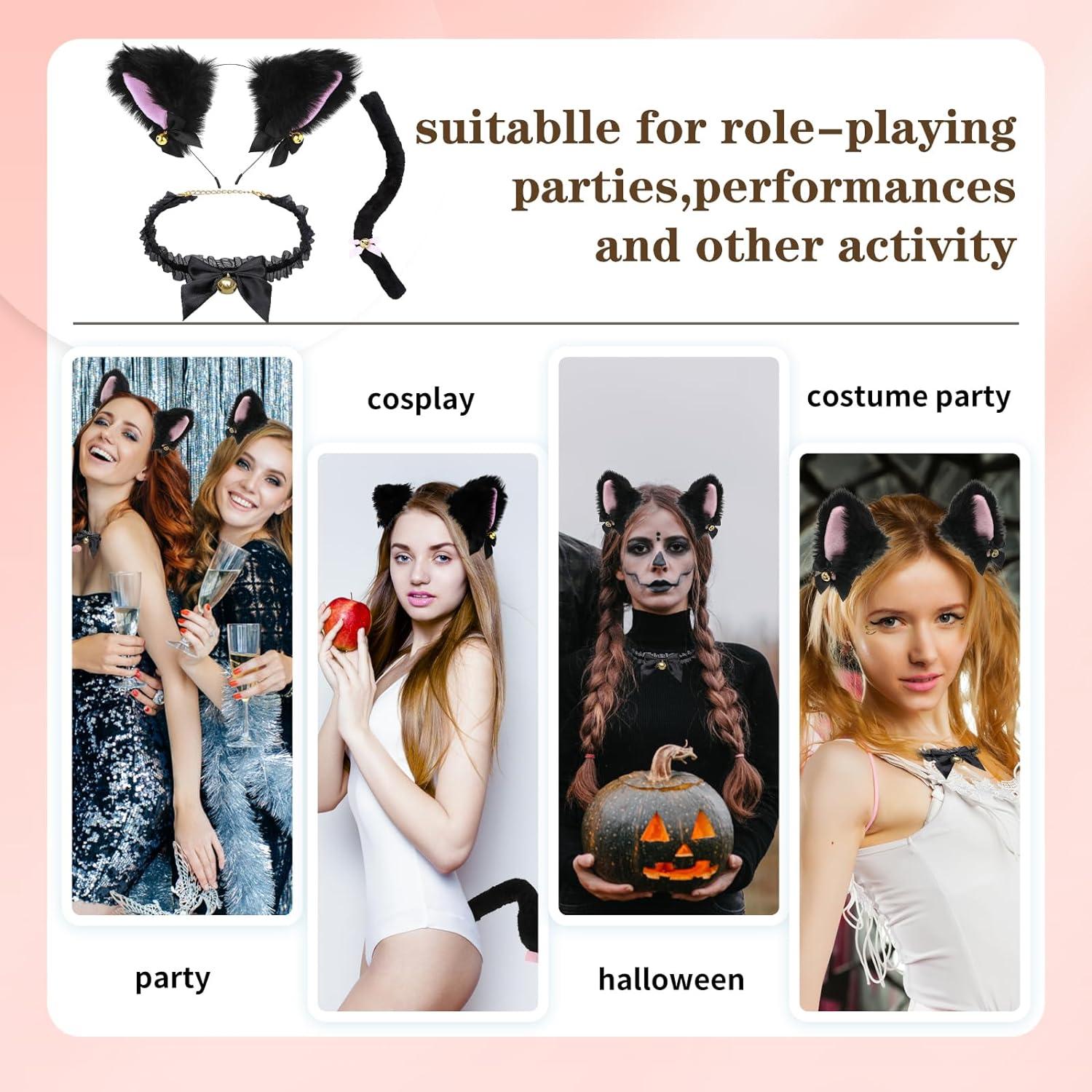3 Pcs Cat Ears and Tail Adult Cat Tail Cosplay Cat Ear Hairband Set ...