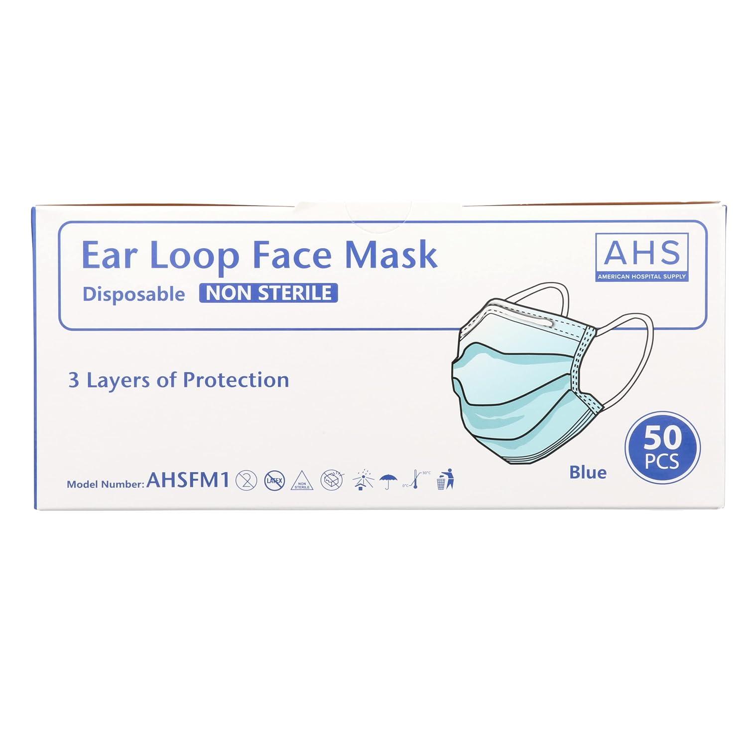 Buy AHS Earloop Masks - 3 Ply Disposable Face Covering for Adults | Box ...