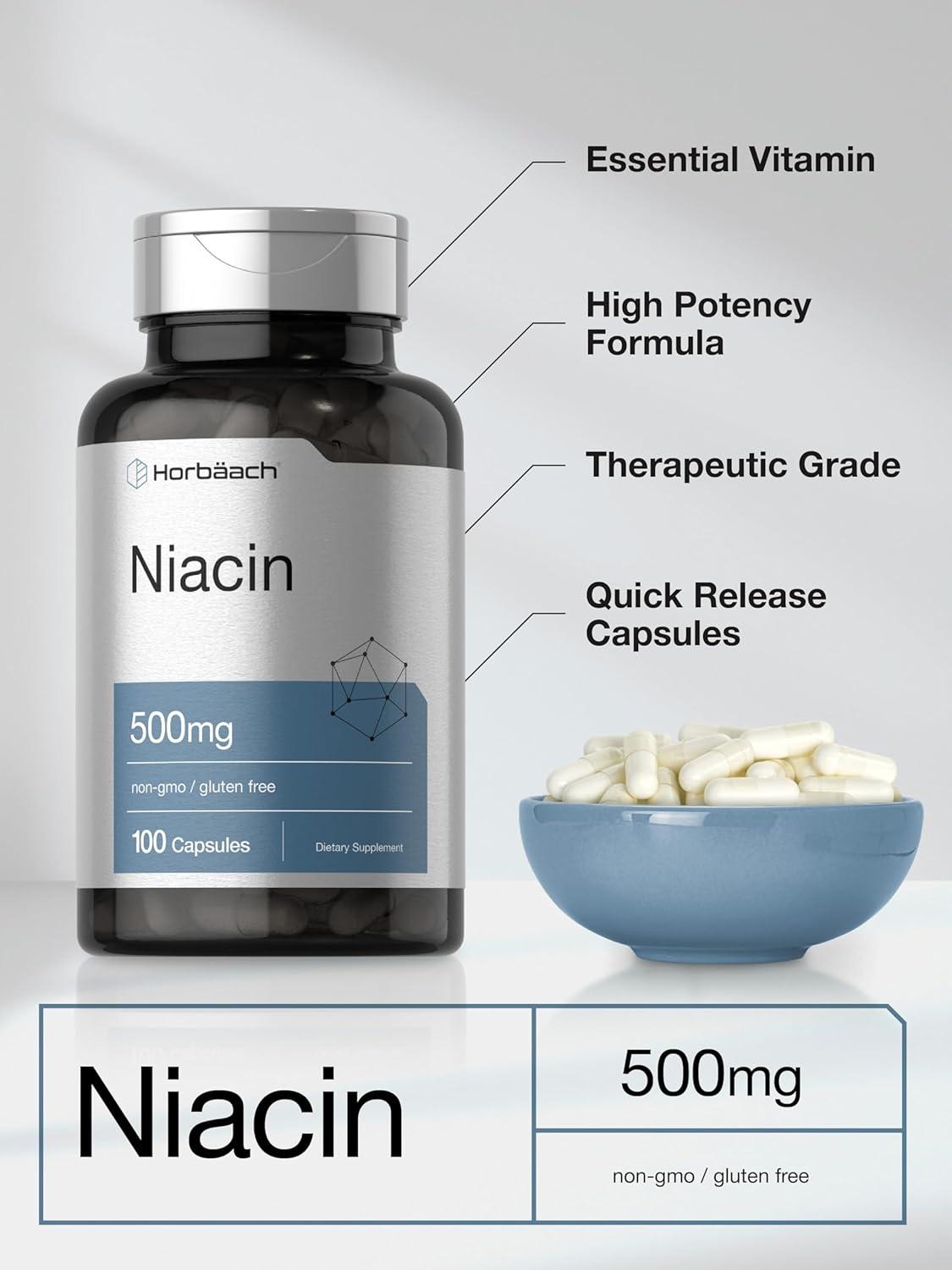 Niacin Vitamin B3 1000mg Capsules with Flushing | Non-GMO & Gluten Free ...