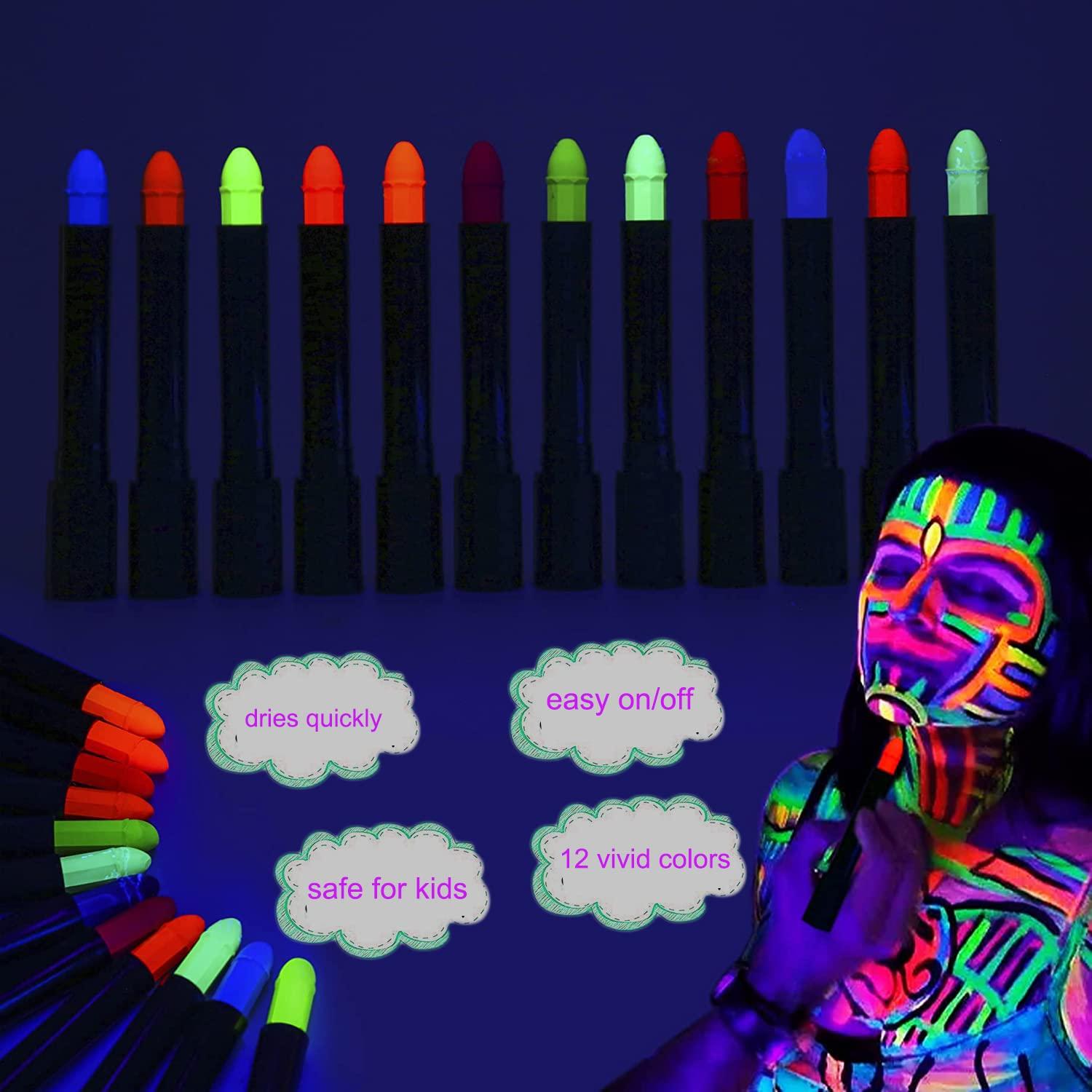 12 Color Glow in The Dark UV Black Light Face Paint Kit for Kids ...