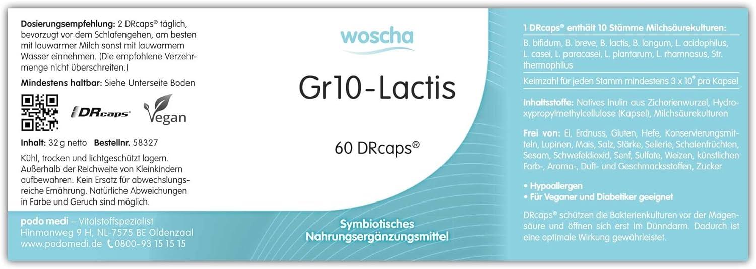 Buy WOSCHA Gr10 LACTIS Probiotic Bacteria 60 Vcaps for Gut Health ...