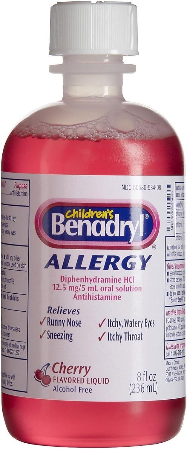 Children's Benadryl Allergy Liquid Cherry 8oz - Fast-Acting Relief for Kids