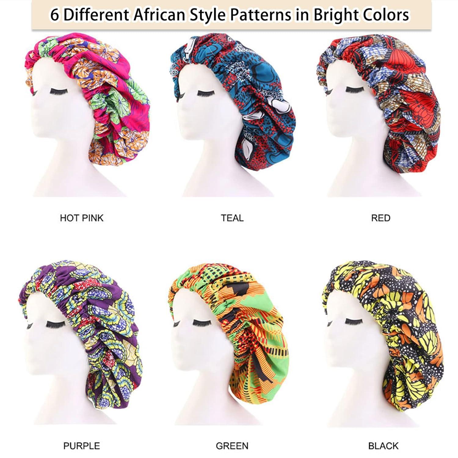 6 Pack Silk African Print Sleep Caps - Adjustable Bonnet for Natural ...