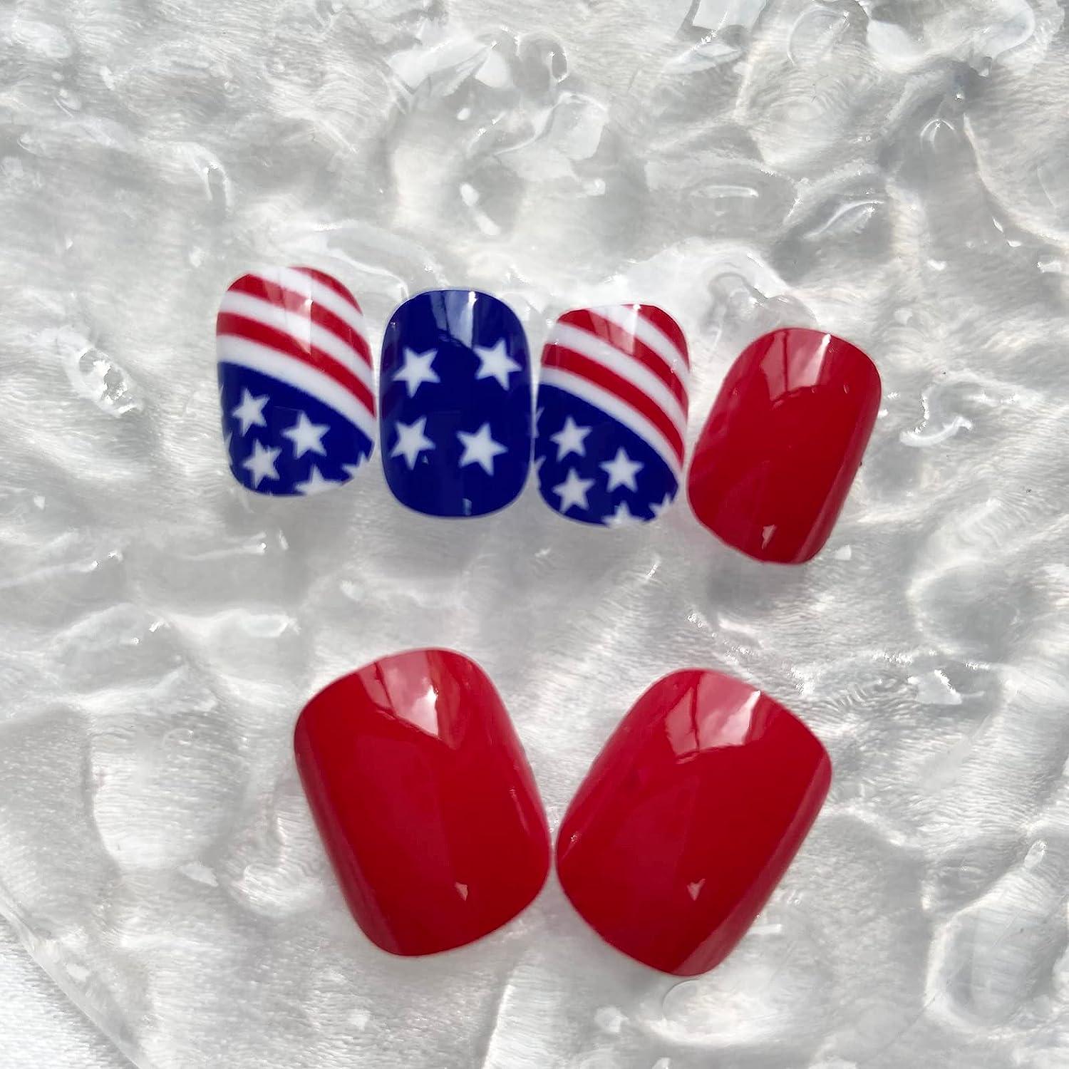 24Pcs Independence Day Fake Nails | July 4th Red Blue Line Acrylic Full ...