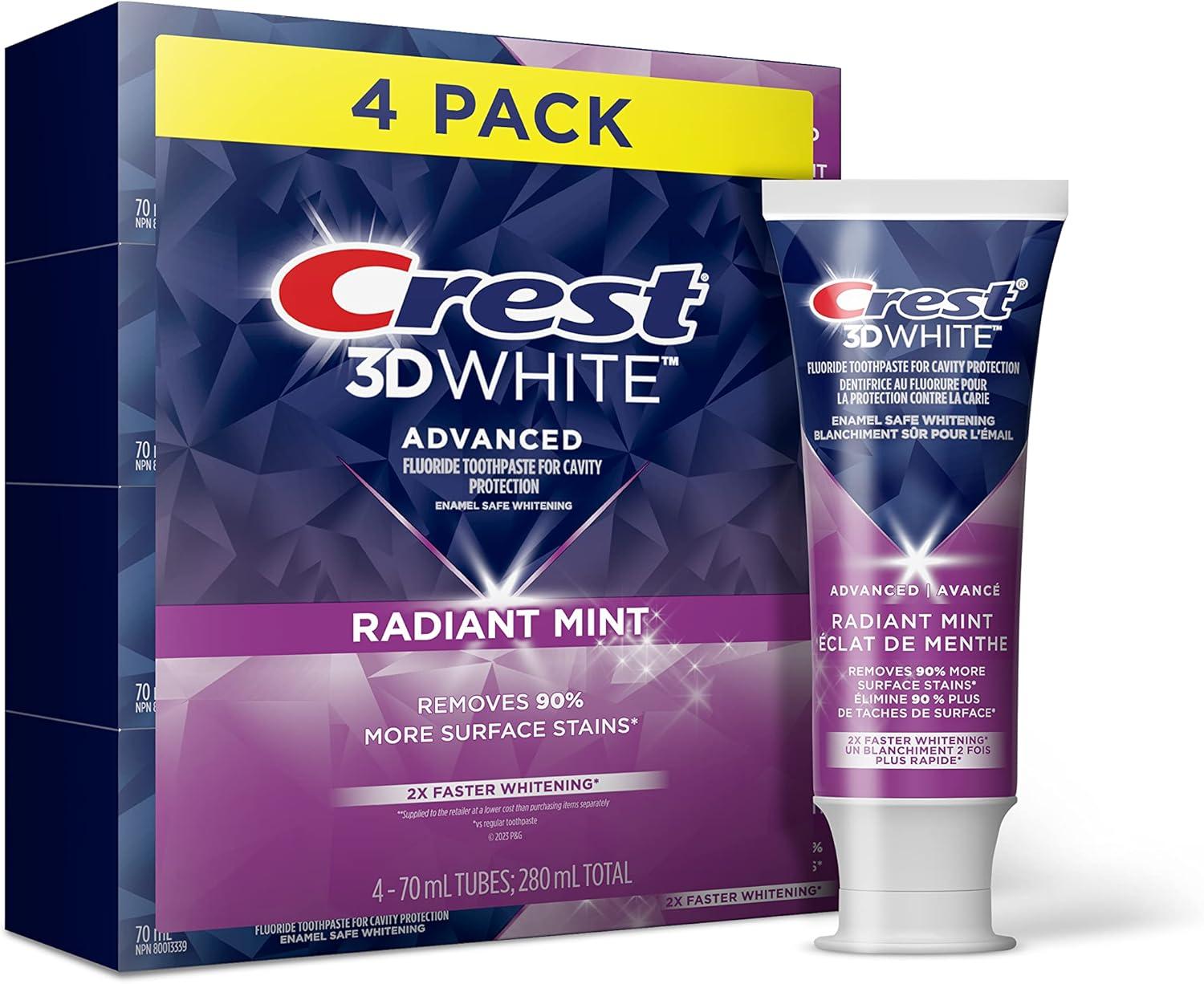 Crest 3D White Toothpaste Advanced Whitening Radiant Mint 280 mL Total (Pack of 4) & 3D White ...