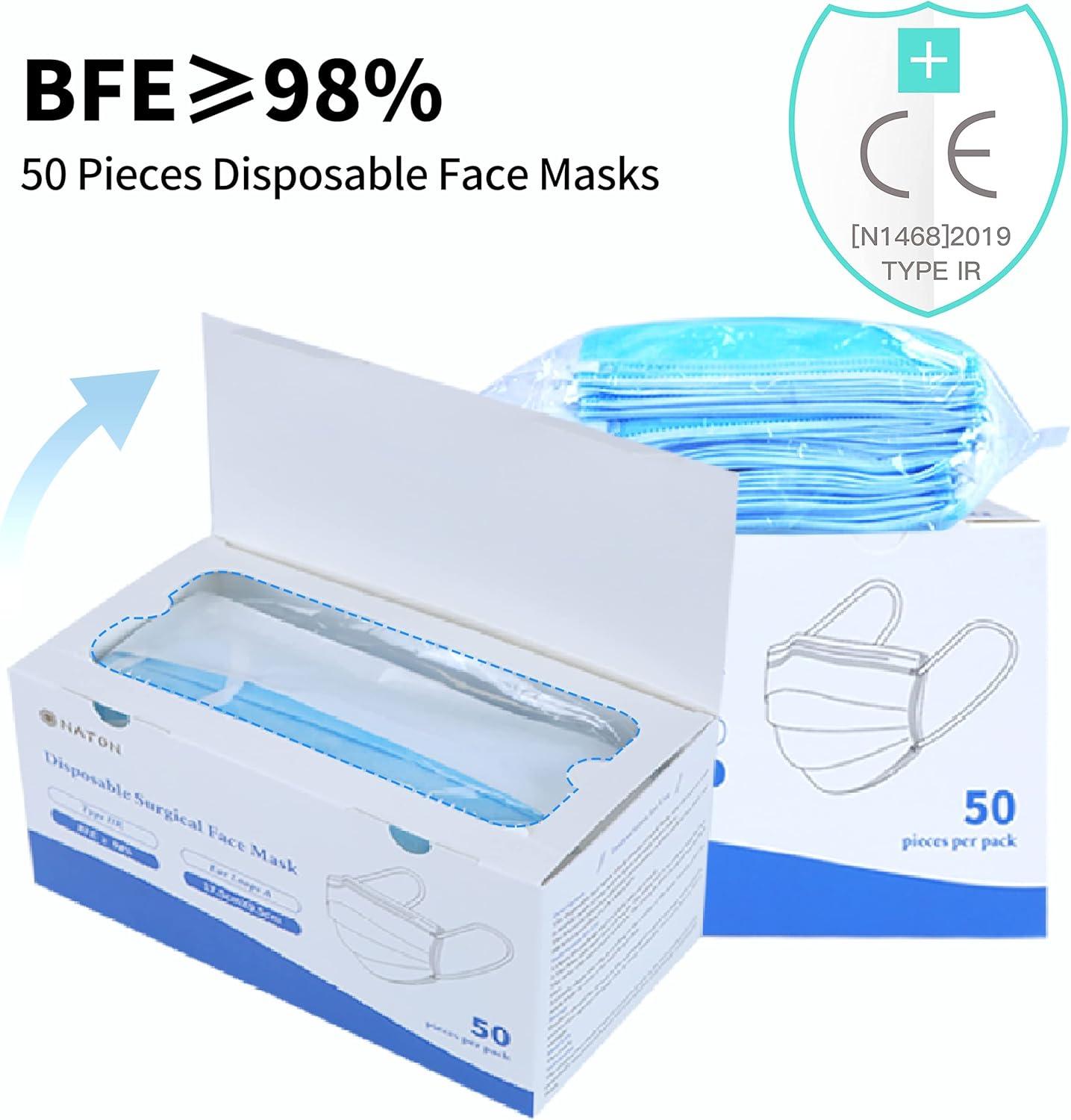Naton Pack of 50 Medical Disposable Masks - 3-Ply Blue Surgical Masks ...