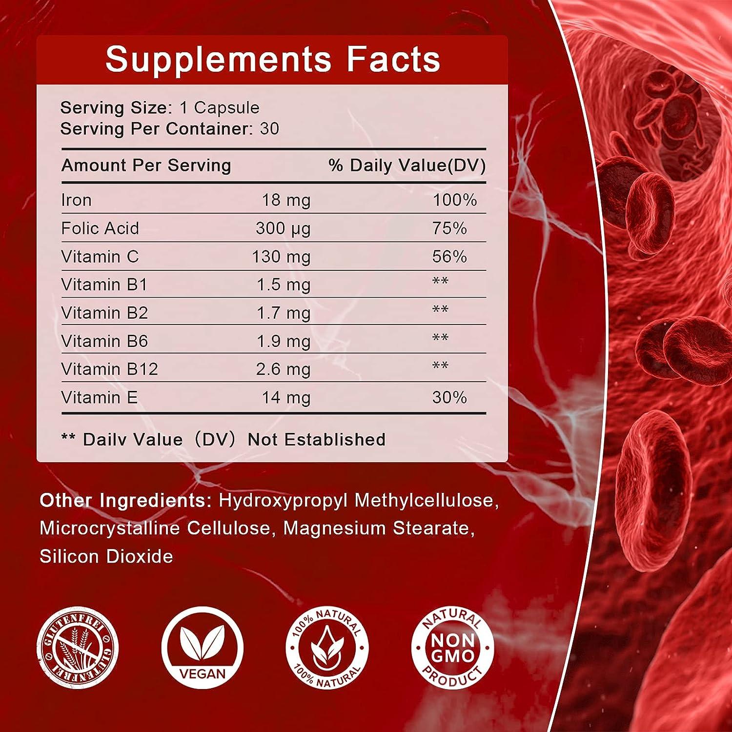 Iron 18mg Supplement with Vitamin C, B Complex & Folic Acid for Optimal Absorption - Non-GMO ...