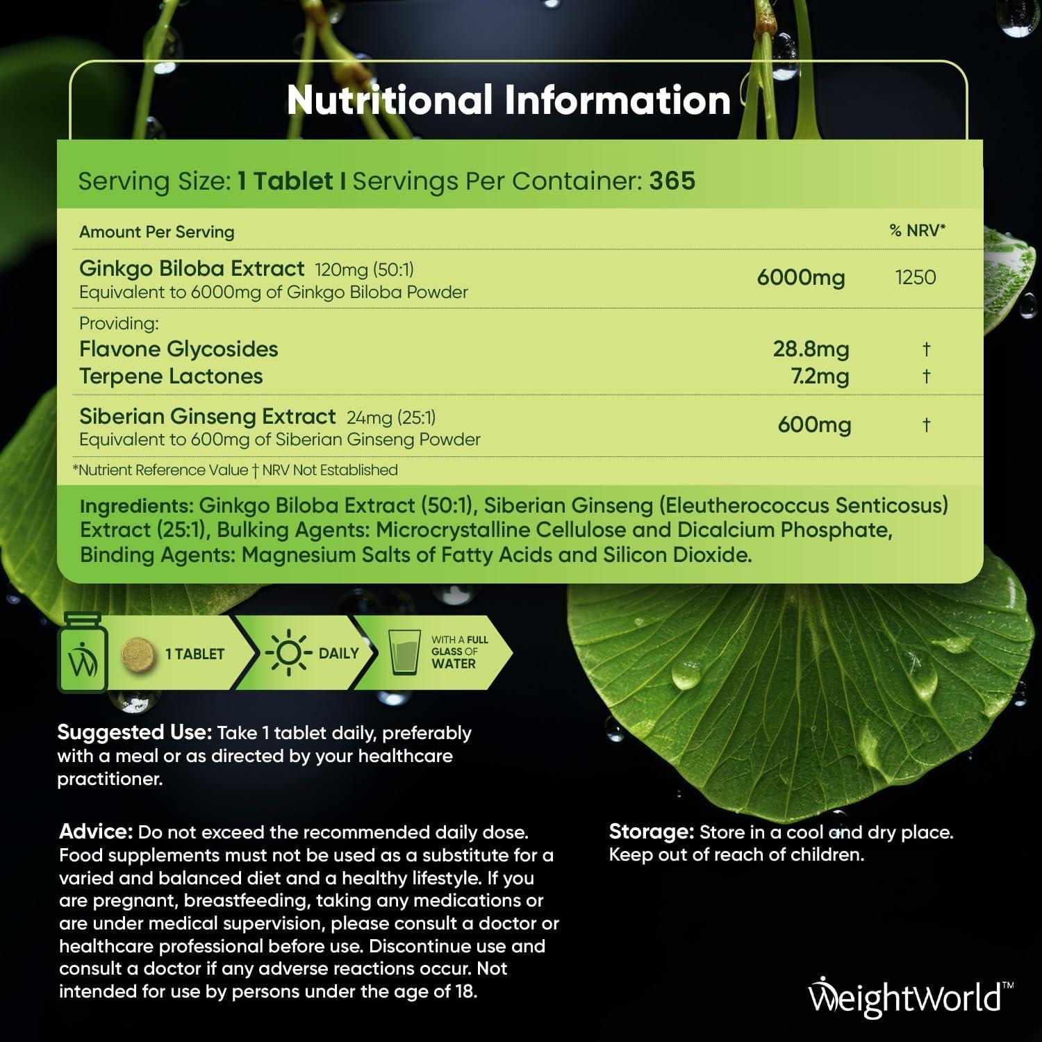 365 High Strength Vegan Ginkgo Biloba Tablets with Siberian Ginseng ...