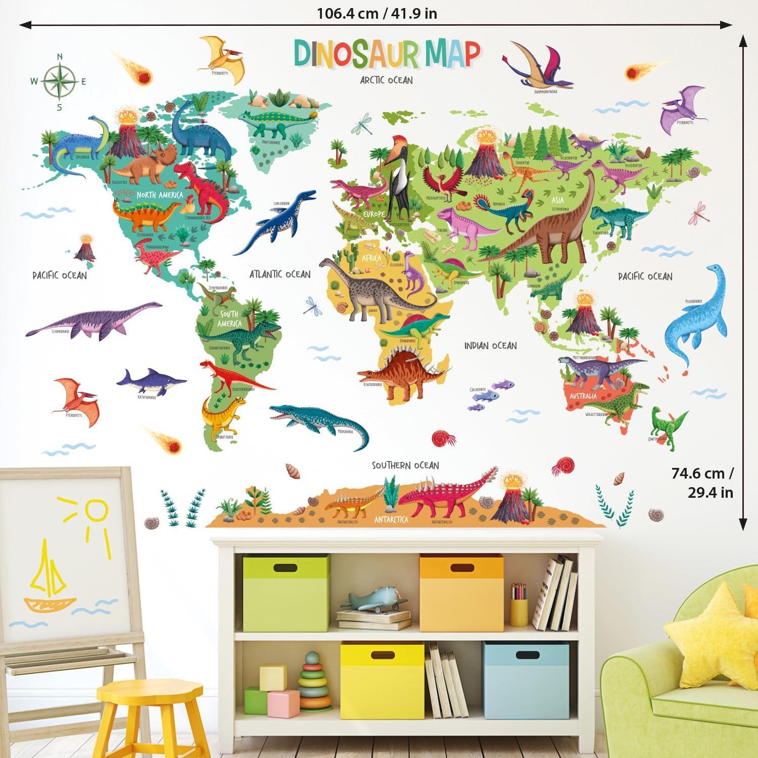 Dinosaur World Map Kids Wall Stickers - Educational & Removable Decals ...