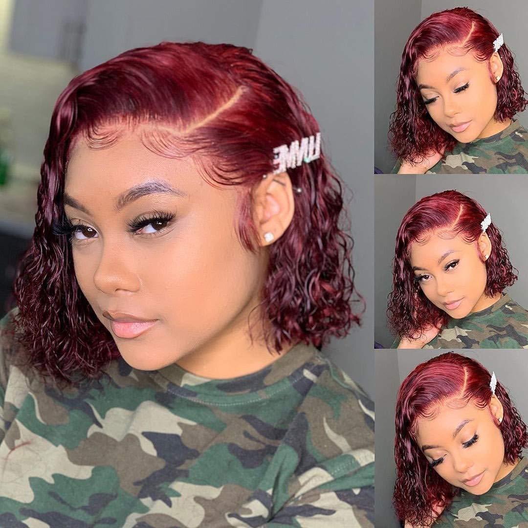 14 Wine Red 99J Curly Lace Front Bob Wig | Brazilian Remy Human Hair ...