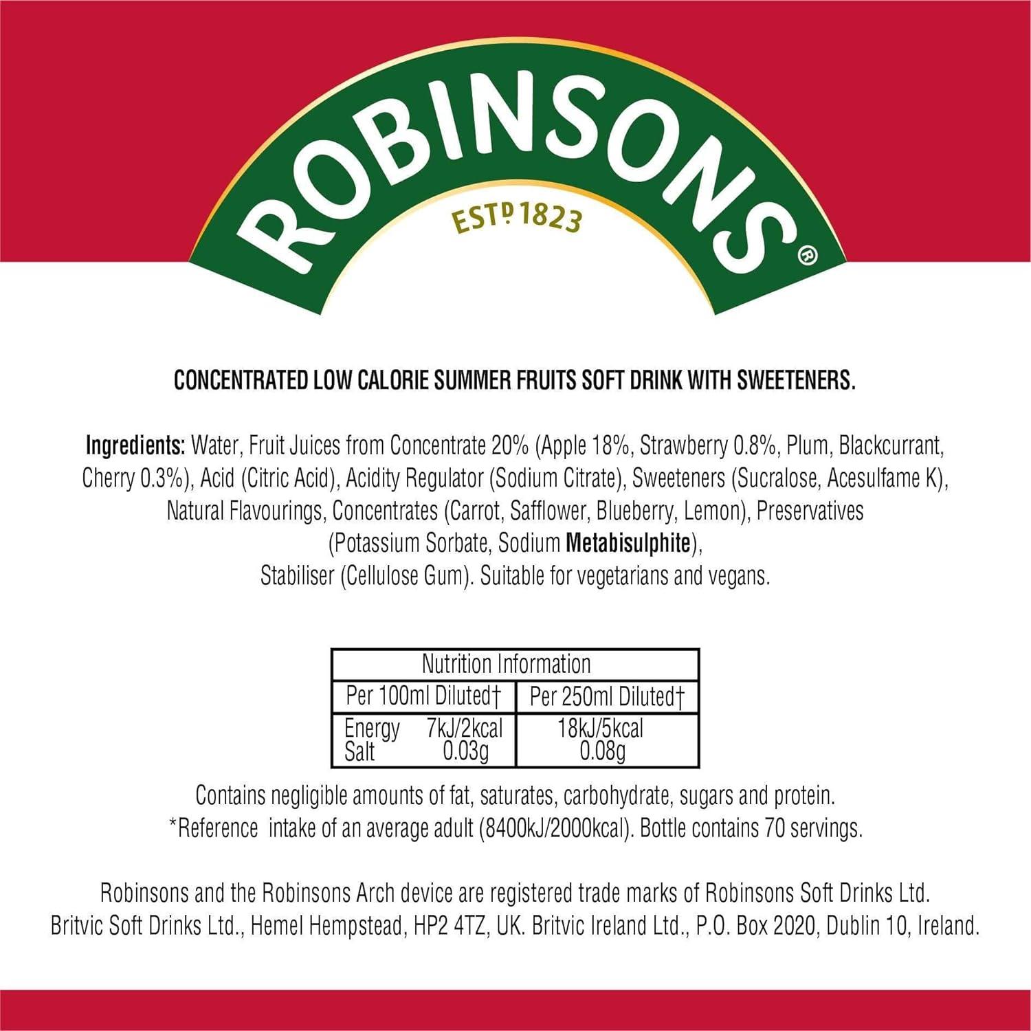 Robinsons Double Strength Summer Fruits Squash 1.75L - No Added Sugar ...