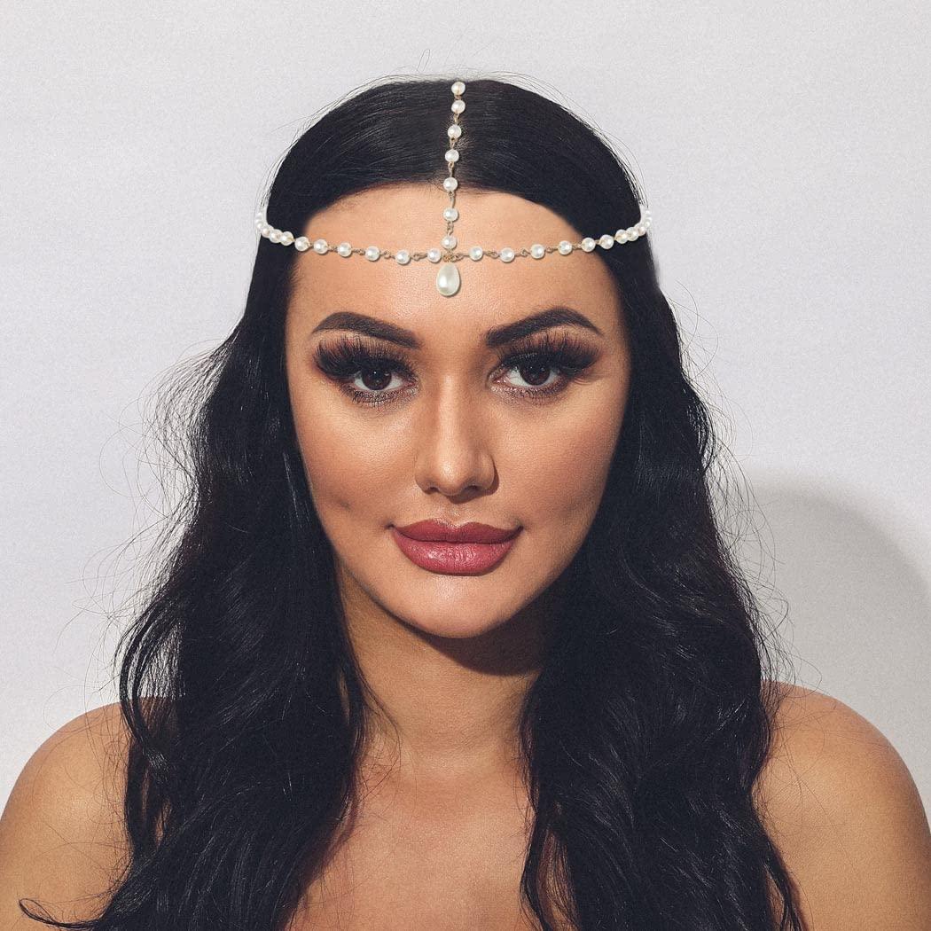 Catery Gold Pearl Head Chain for Bride Wedding Headband - Boho Gypsy ...