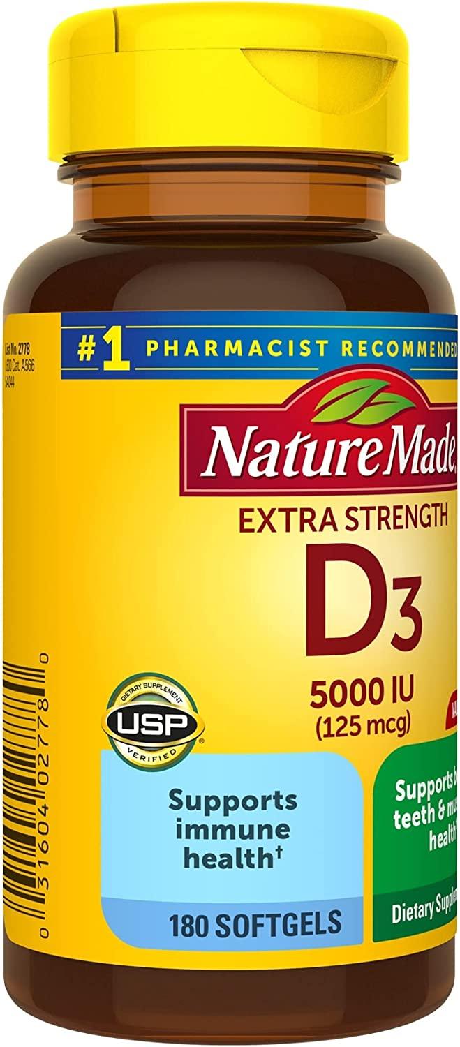 Nature Made Extra Strength Vitamin D3 5000 IU - 180 Softgels for Immune Support | Buy Now with ...