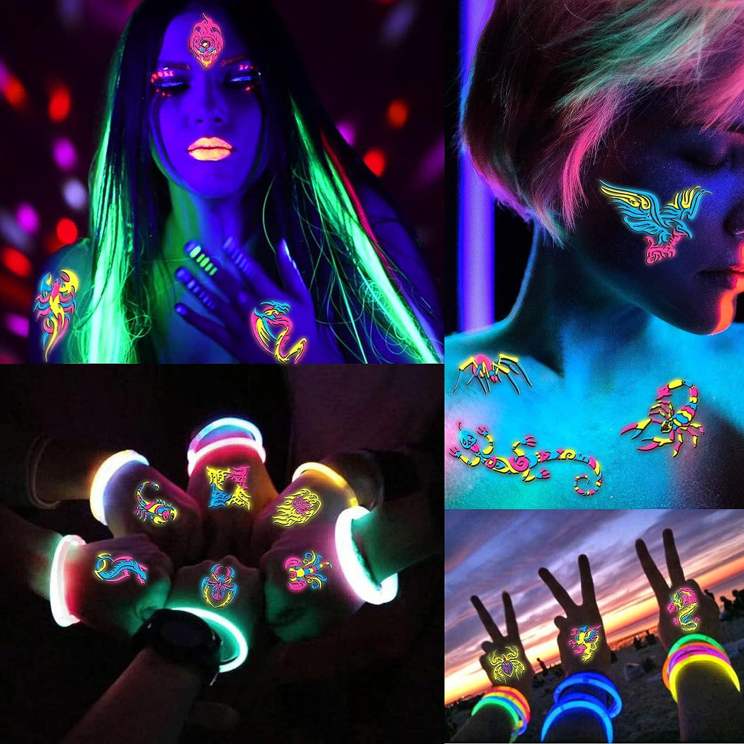 10 Sheets UV Neon Temporary Tattoos - Glow in the Dark Fake Tattoos for ...