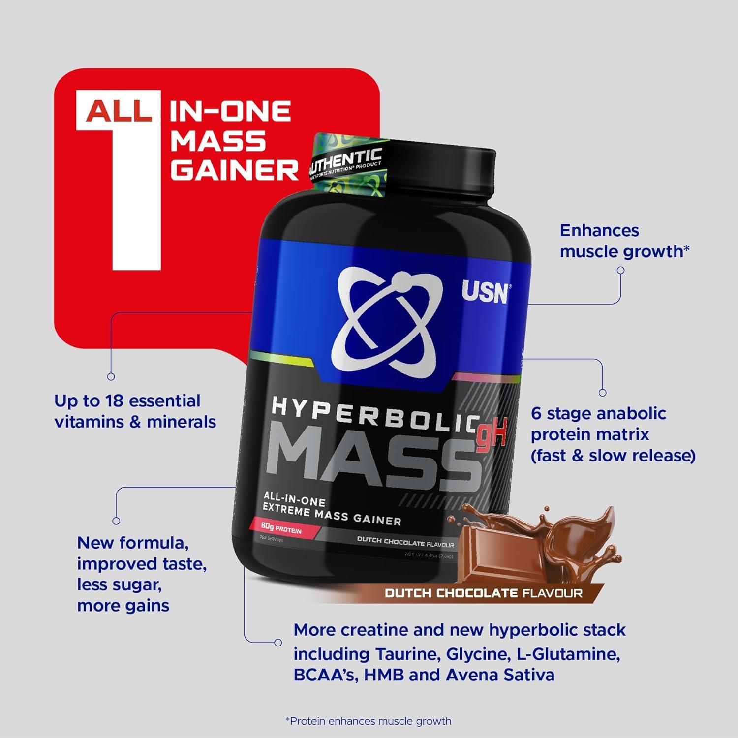 USN Hyperbolic Mass Chocolate 2kg - High Calorie Mass Gainer with ...