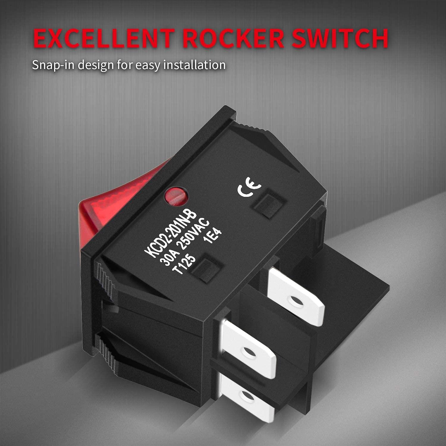 DaierTek 30A 250V KCD2 KCD4 Rocker Switch DPST 4 Pin Red Lighted 120V Rocker Toggle Switch ON ...