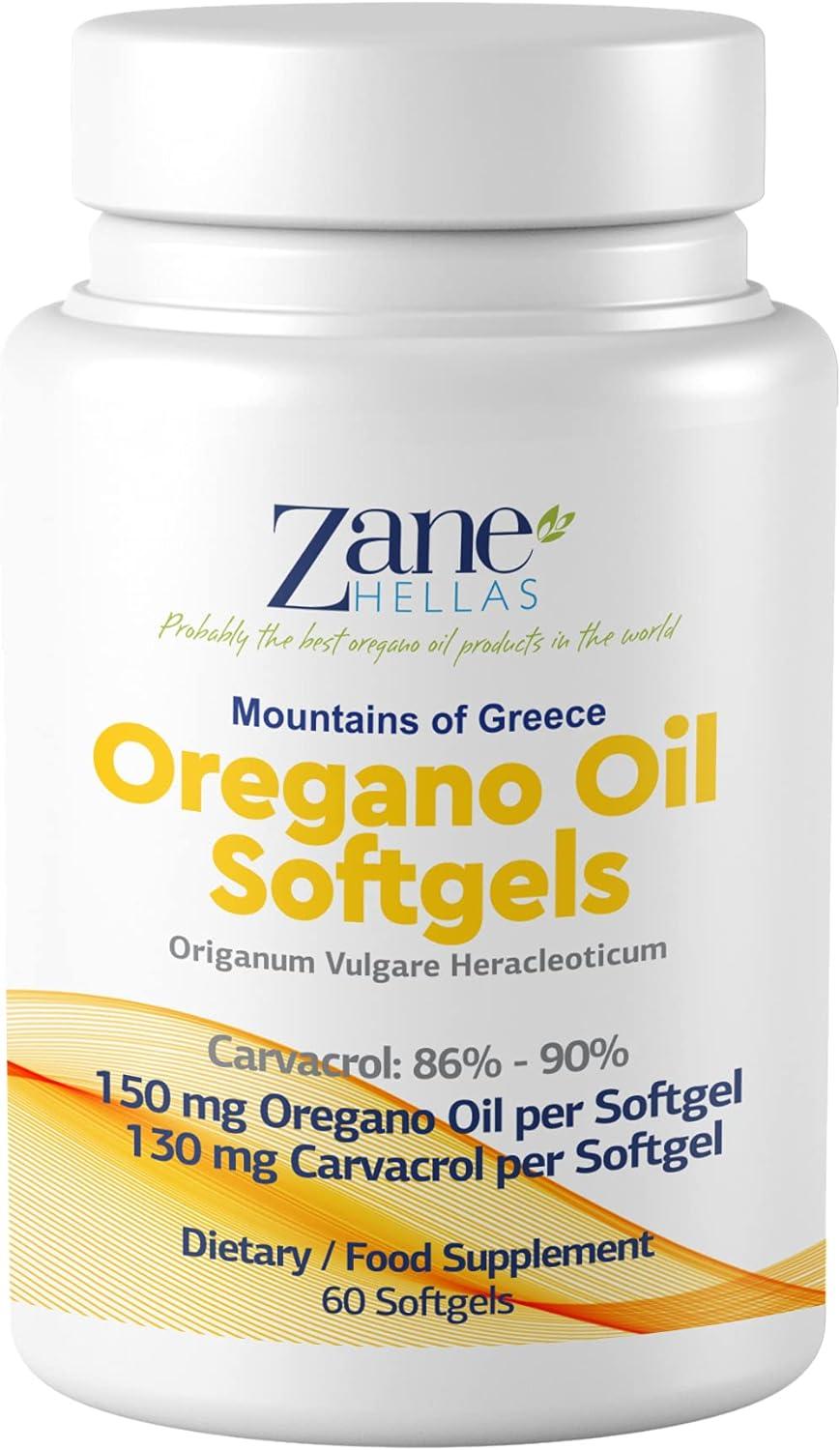 Zane Hellas Oregano Oil Softgels - 130mg Carvacrol, 150mg Oregano Oil, 30% Greek Essential Oil ...