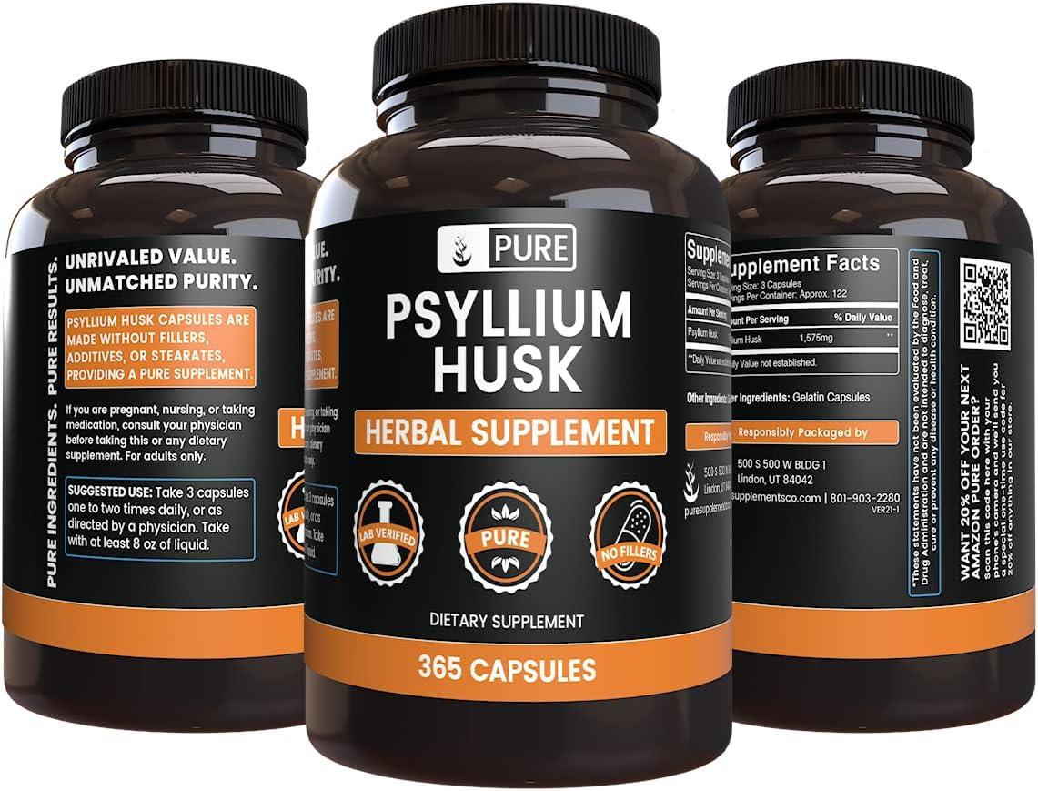 Pure Psyllium Husk Capsules - 365 Count, Lab Verified, No Fillers ...