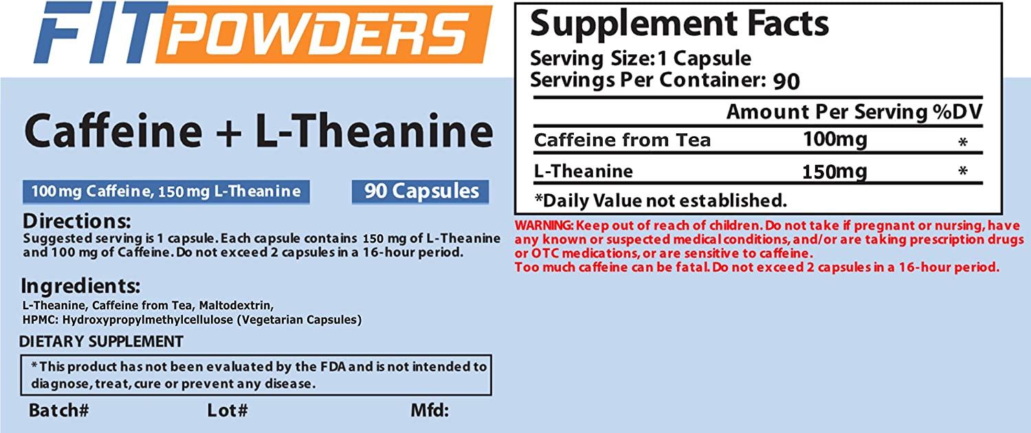 FitPowders Natural Caffeine & L-Theanine Capsules - 90 Count Energy Stack Supplement (100mg ...
