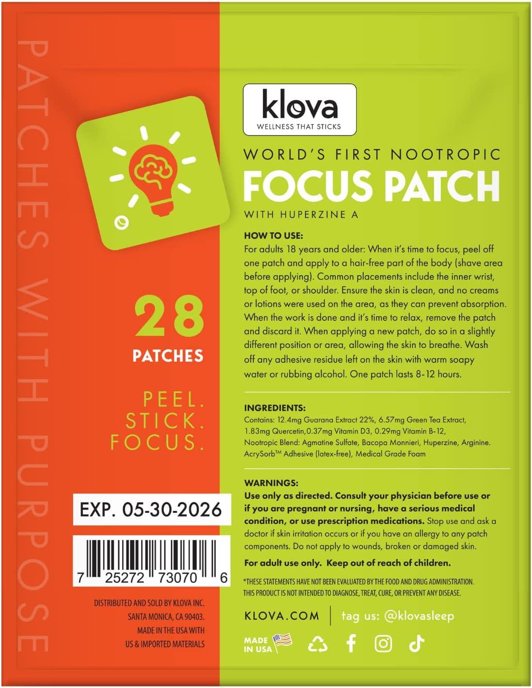Klova Focus Patches - 28 Topical Patches for Enhanced Concentration