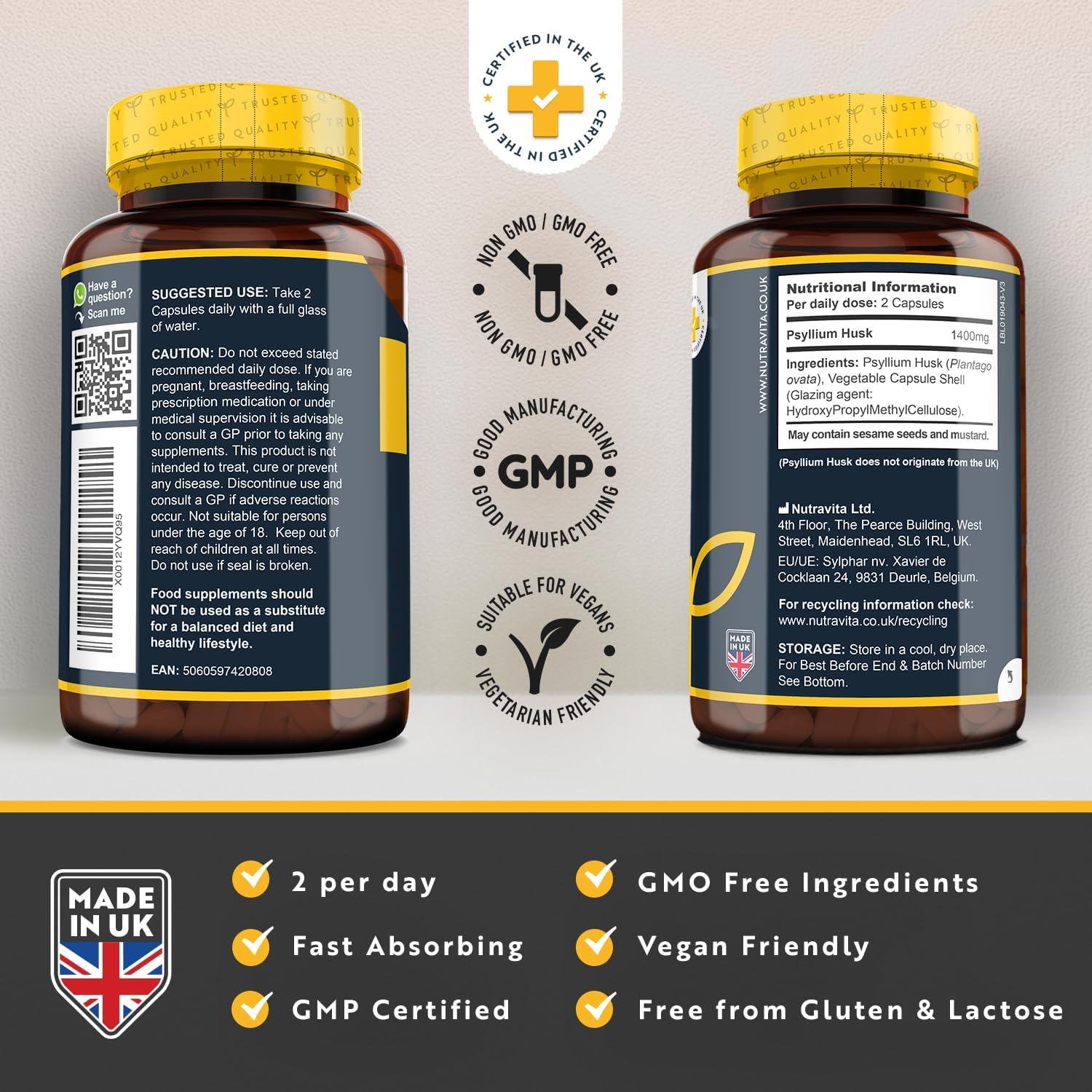 Nutravita Psyllium Husk Fibre Supplement 1400mg - 180 Vegan Capsules ...