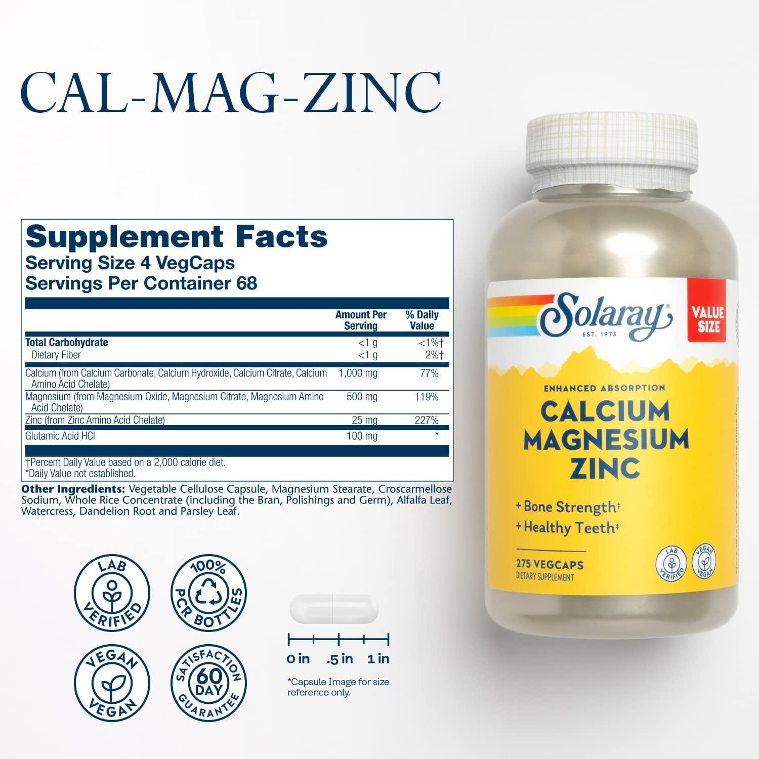 Solaray Calcium Magnesium Zinc Supplement with Cal & Mag Citrate 275 ...