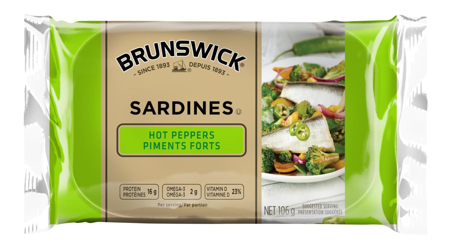 Brunswick Sardines with Hot Peppers - 106g 18 Count - Canned Sardines Excellent Source of ...