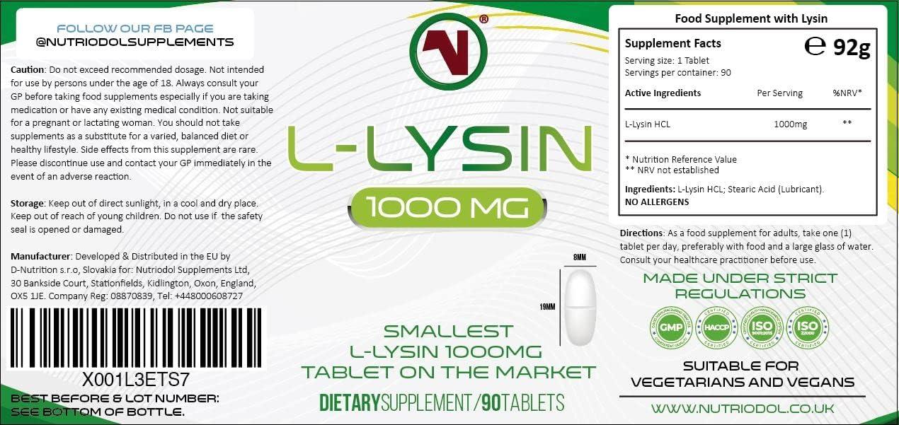 L-Lysine 1000mg Tablets x 90 | Smallest 19mm Formula | Vegetarian ...