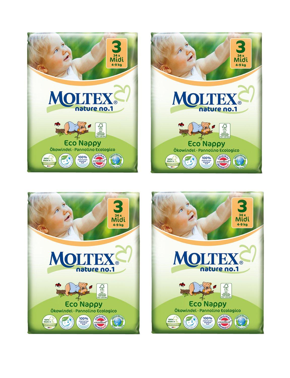 Pack of 4 Moltex Midi Diapers Size 3 (136 Diapers) - Eco-Friendly ...