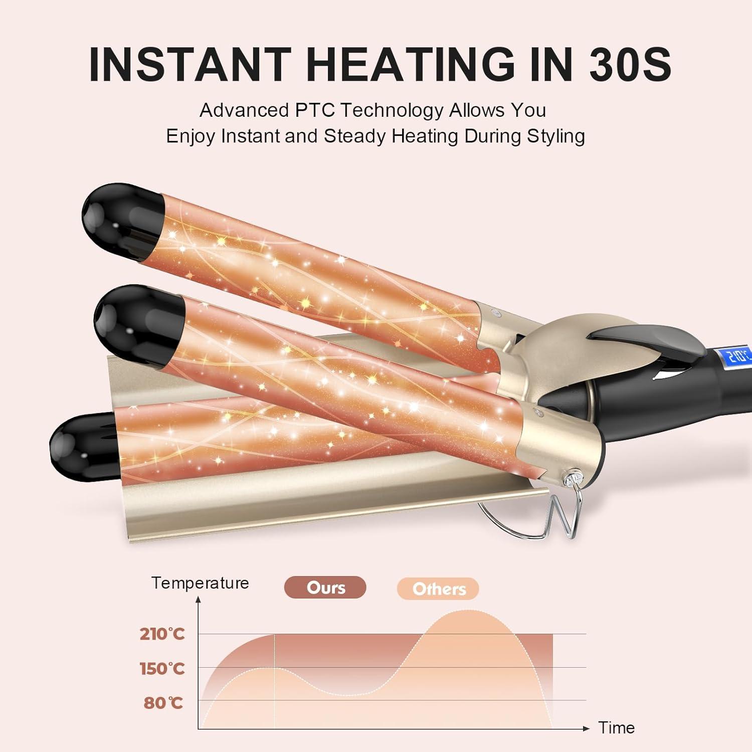 Buy Wavel Iron 3-Barrel Curling Iron for Beach Waves | 25mm | 14 Heat ...