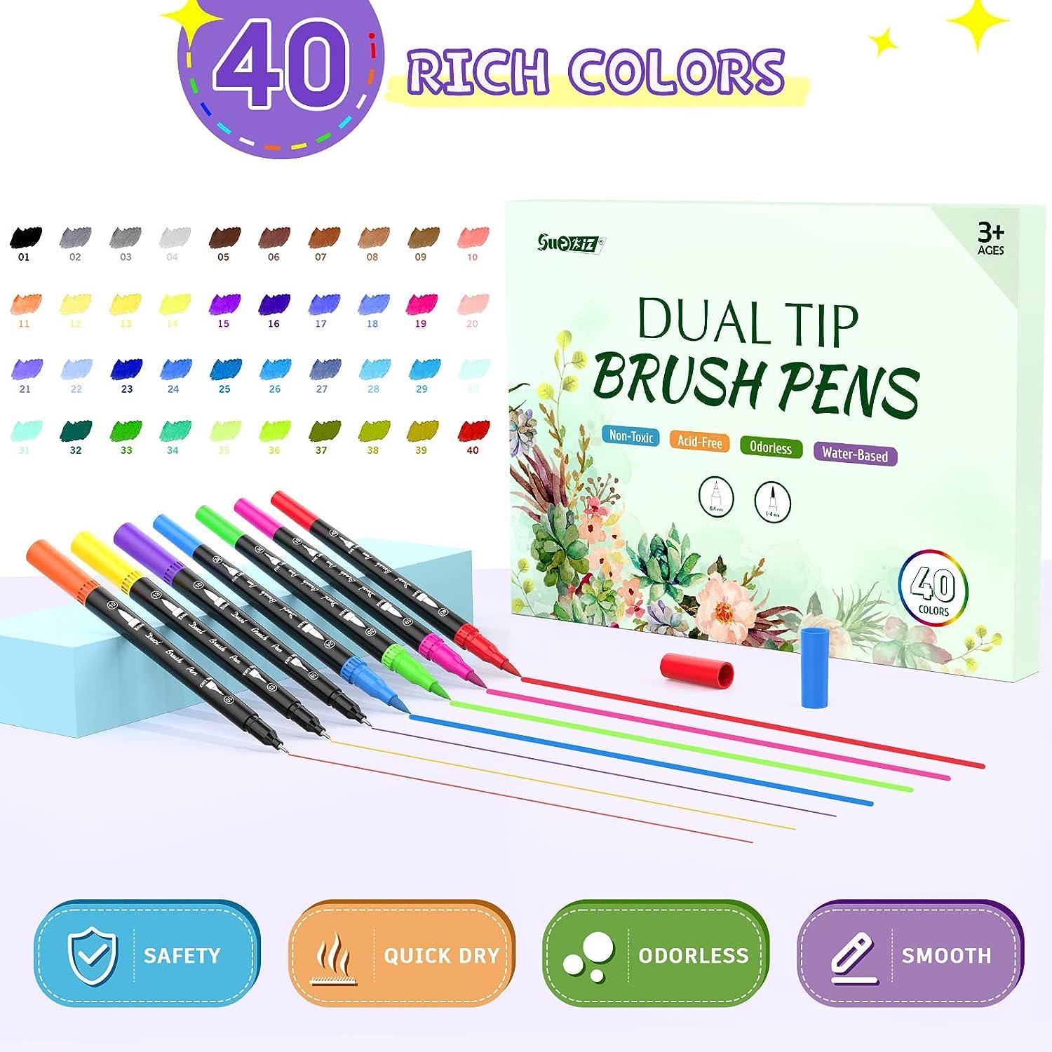 40 Colors Dual Tip Brush Pen Set for Kids and Adults - Fine Point ...