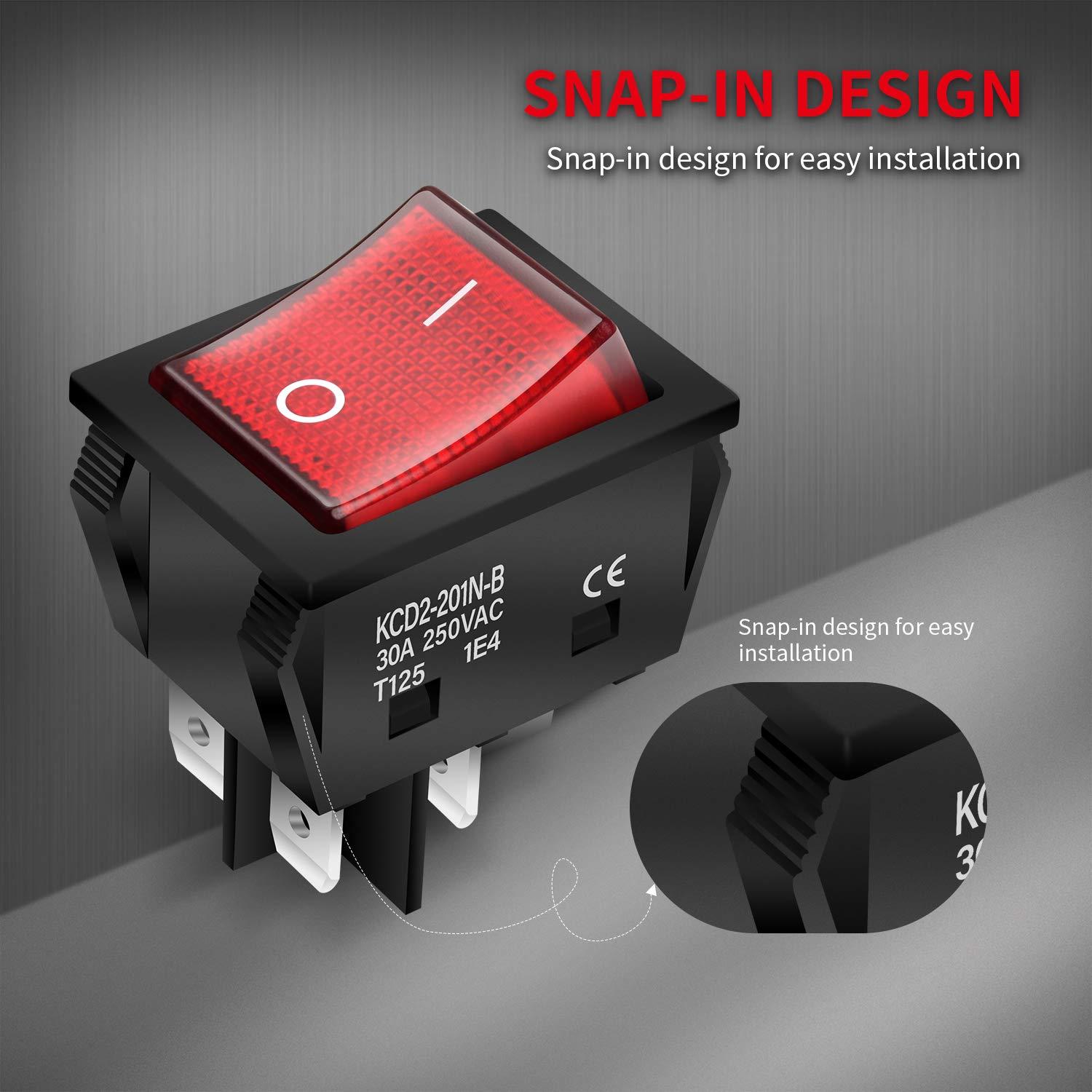 DaierTek 30A 250V KCD2 KCD4 Rocker Switch DPST 4 Pin Red Lighted 120V ...