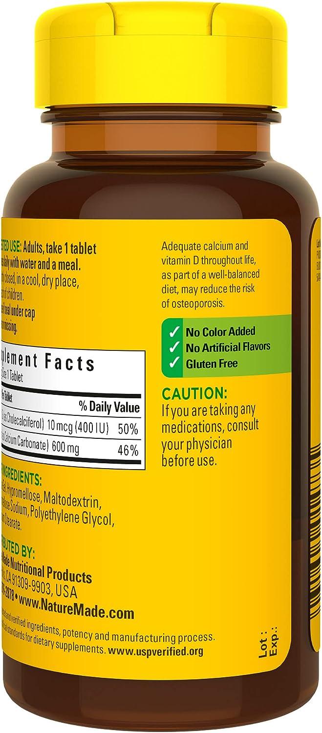 Nature Made Calcium 600mg + Vitamin D3 Supplement for Bone Support - 60 ...