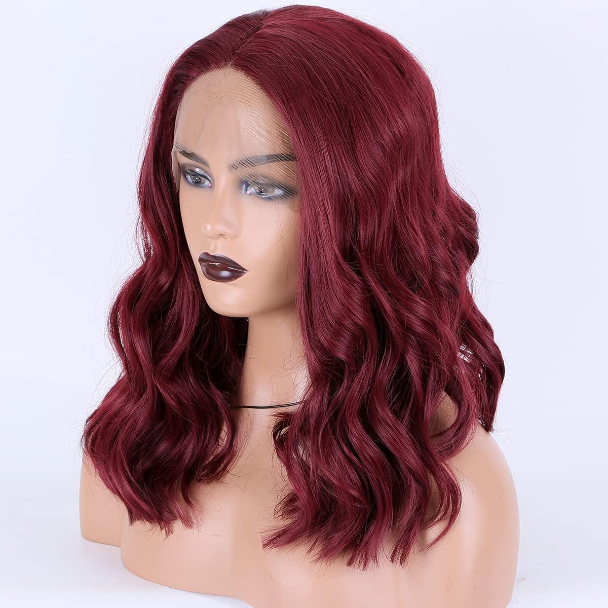 Miss Diva Maroon Wavy Wig - 13 4 Short Burgundy Bob Synthetic Lace ...