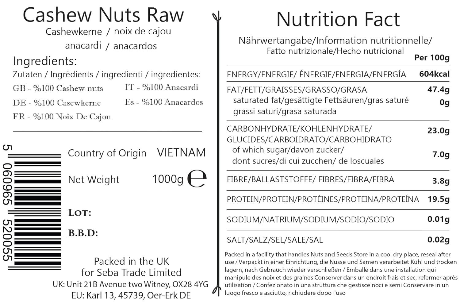 Seba Garden Raw Whole Cashew Nuts 1kg - Freshly Packed Keto-Friendly ...