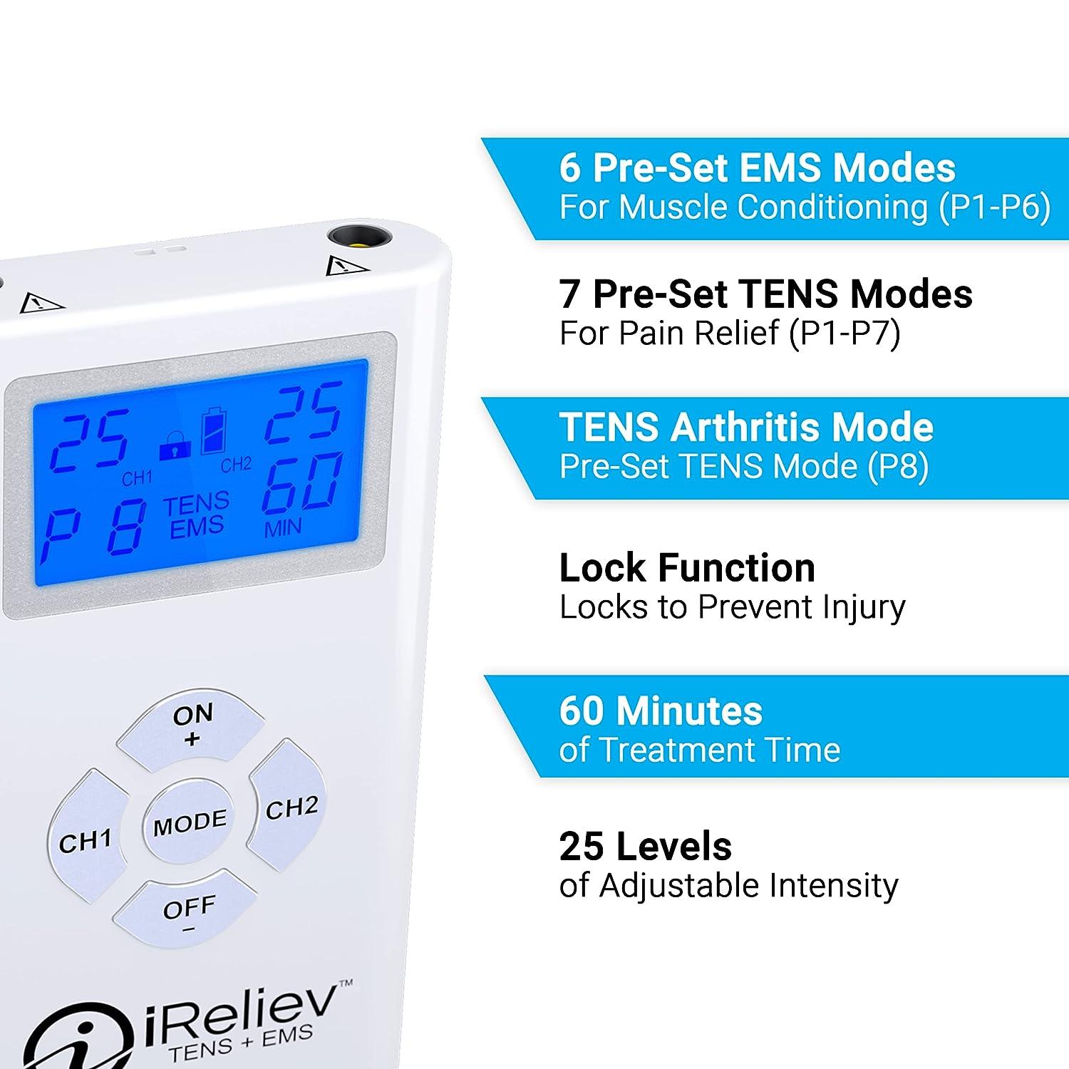 iReliev TENS + EMS Muscle Stimulator for Pain Relief & Strength ...