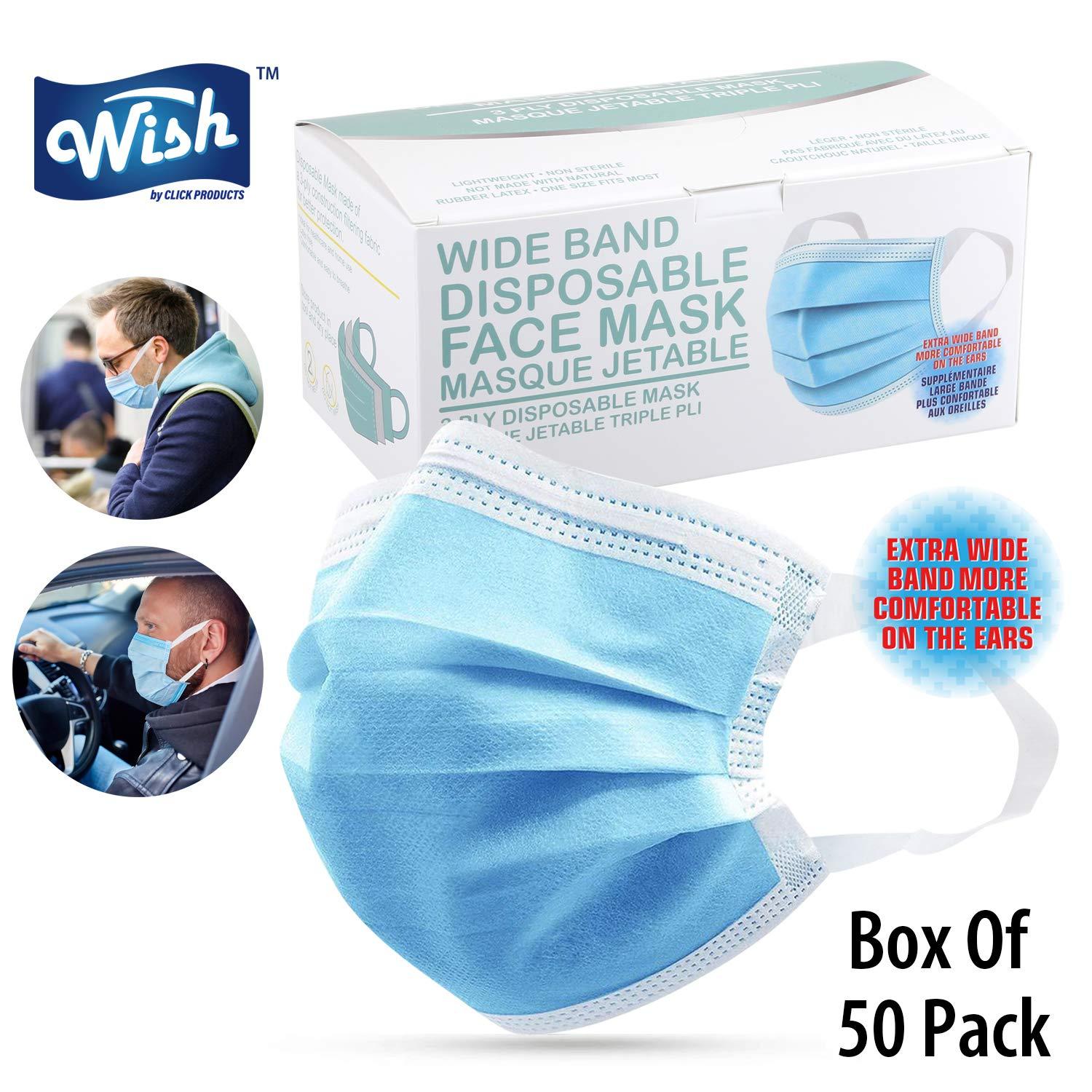 Wish Disposable Face Masks - Pack of 50 - 3 Ply - Wide Ear Loop for ...
