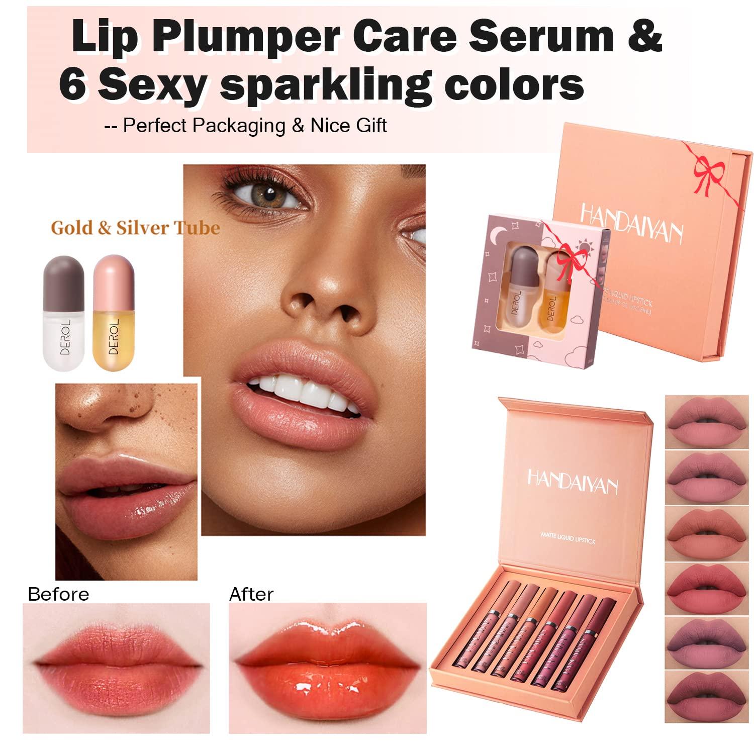 DEROL Lip Plumper Set: Natural Lip Enhancer & Care Serum with 6Pcs Matte Liquid Lipstick for ...