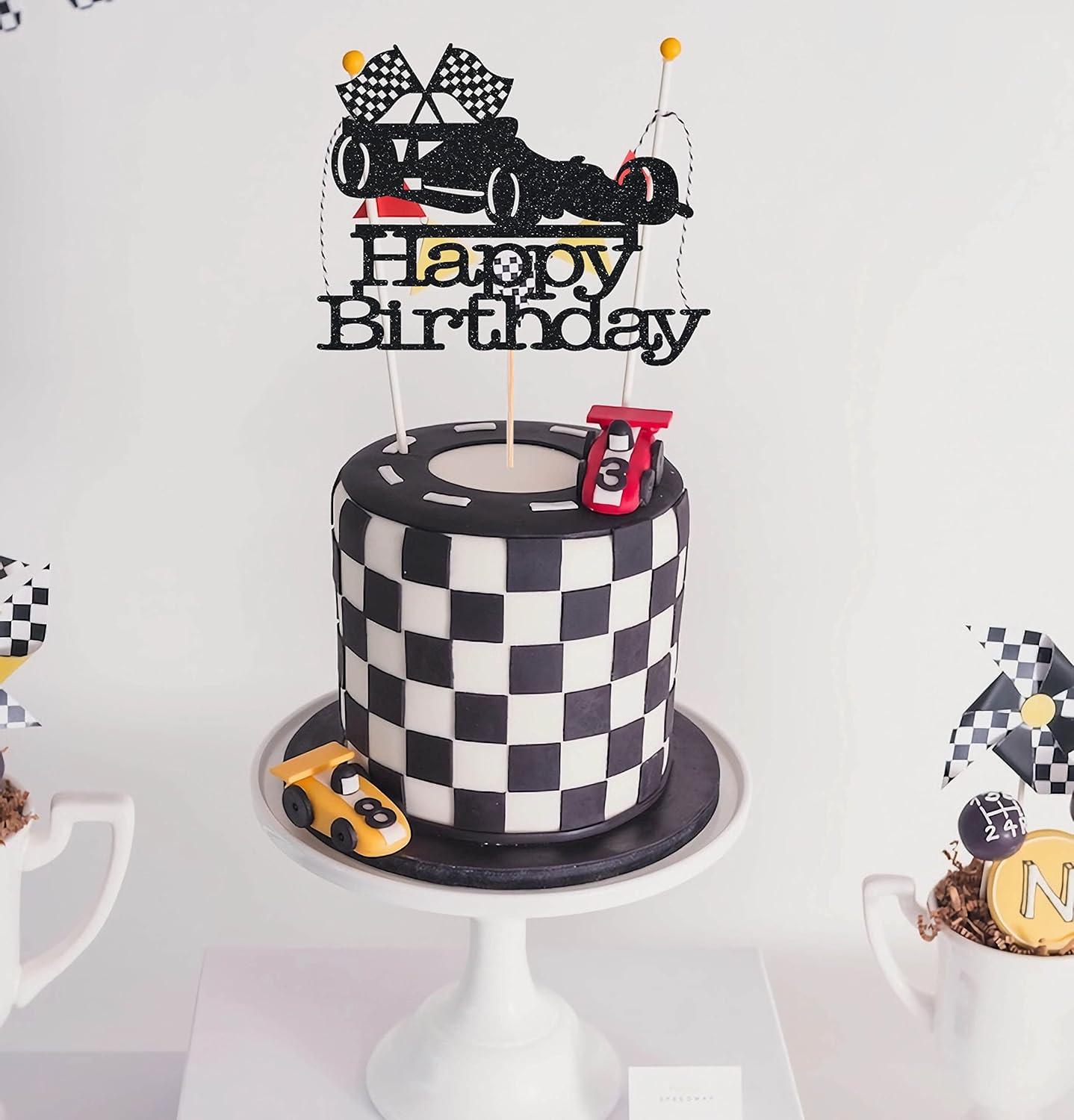 AHAORAY Race Car Cake Topper - Black Glitter Race Car Birthday Cake ...