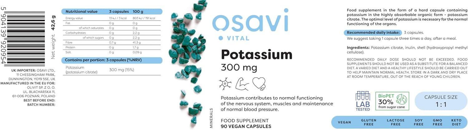 Osavi Potassium 300mg - 90 Vegan Capsules | Essential Mineral ...