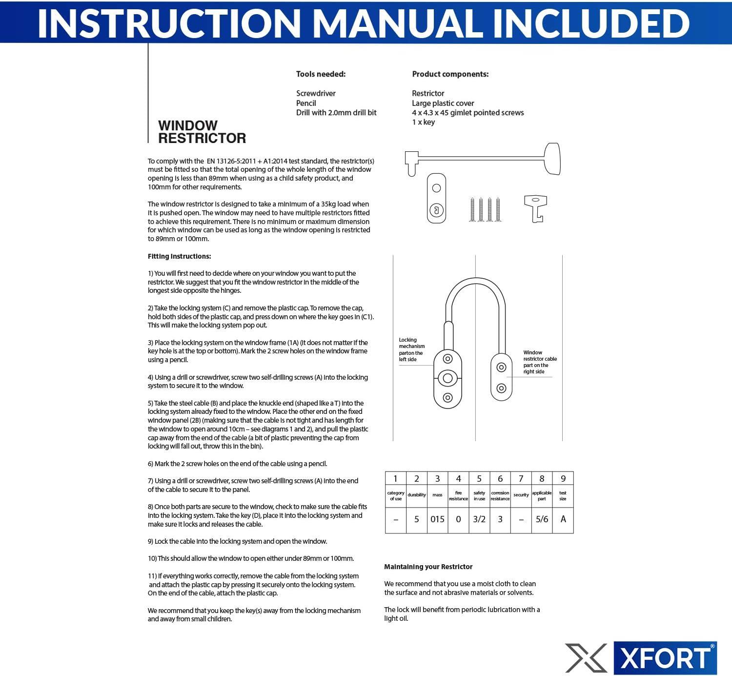 XFORT White Lockable Window Restrictor with Key 20cm Cable Length ...