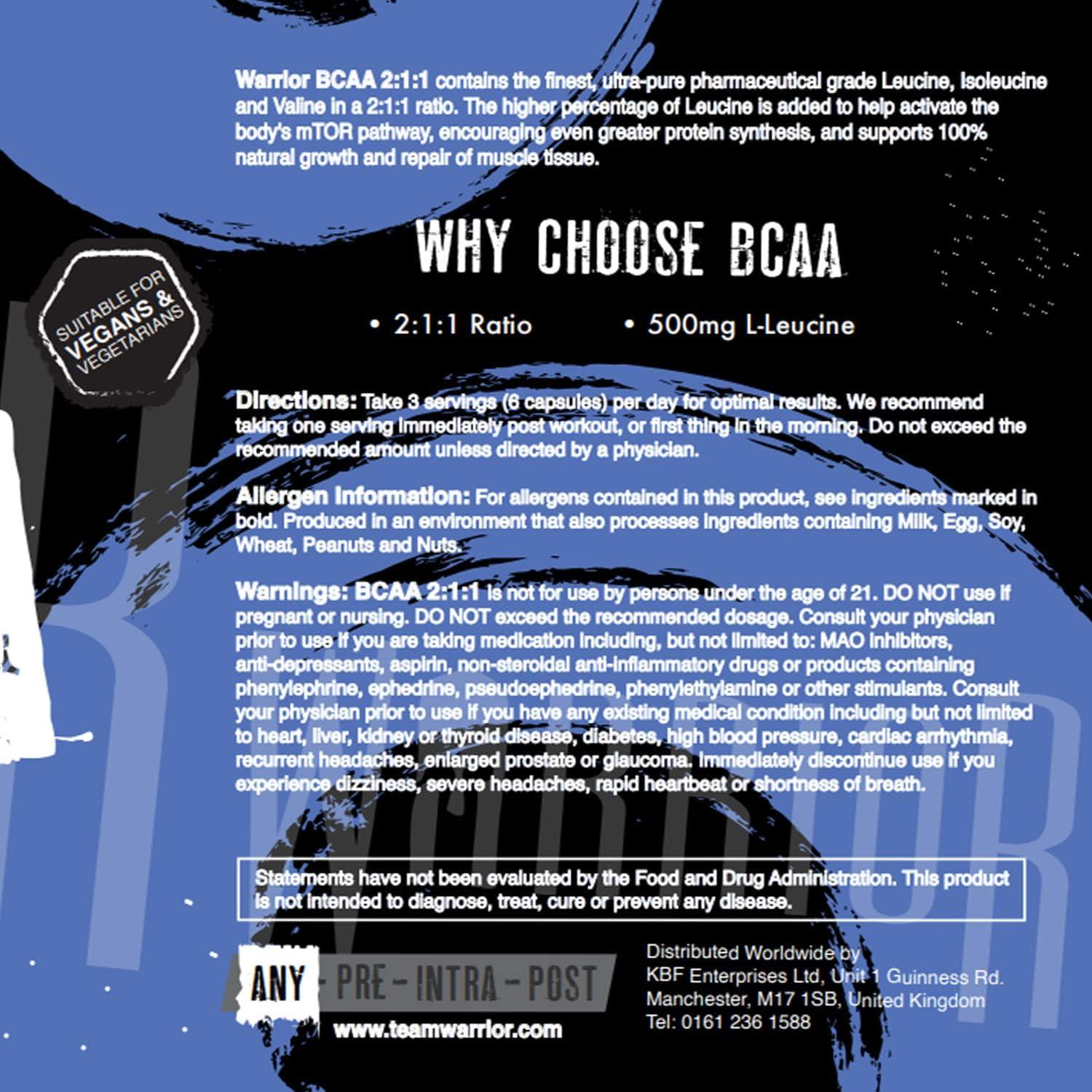 Warrior BCAA Capsules 1000mg - 60 Caps - Pharmaceutical Grade 2:1:1 ...