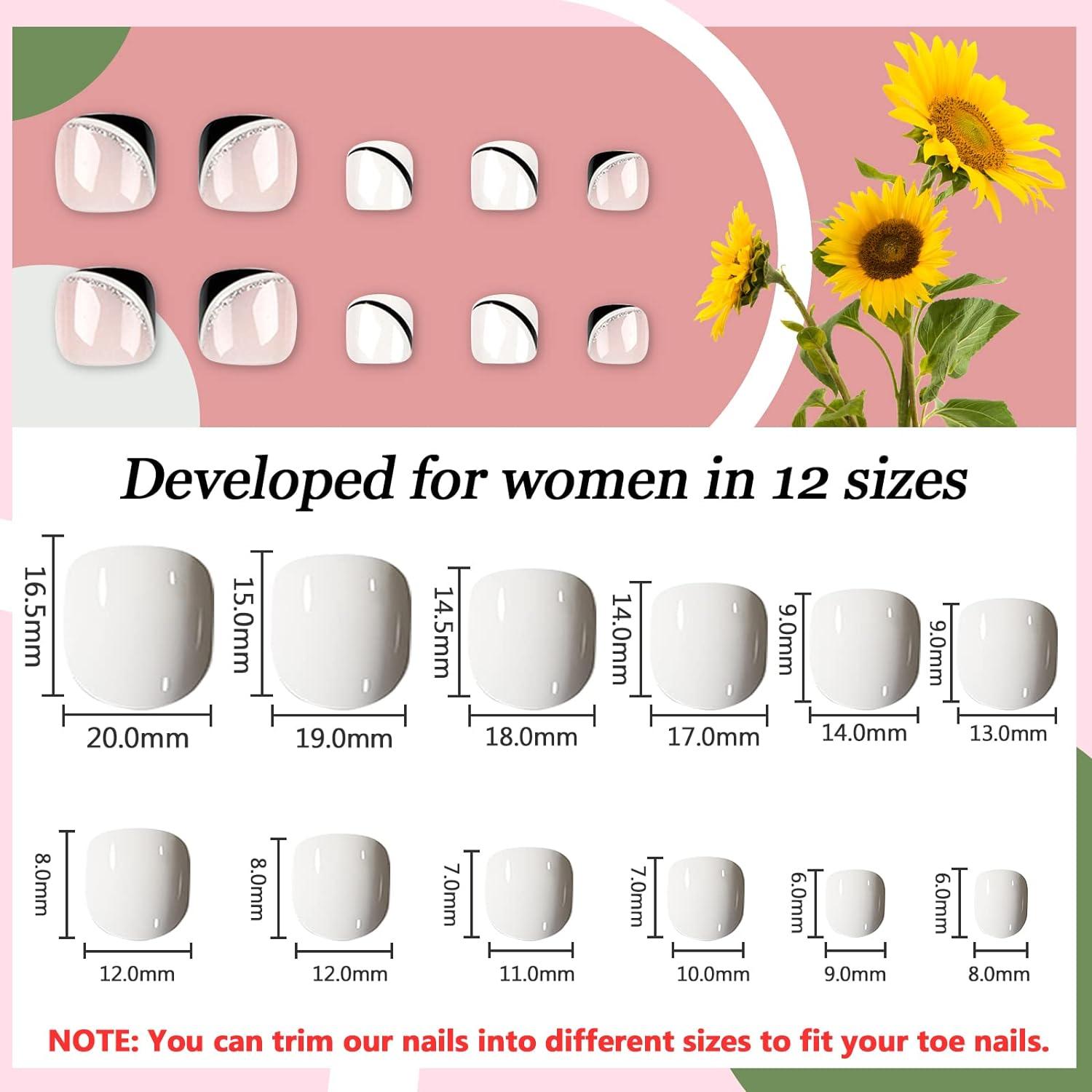 24Pcs French Square False Toenails Glossy Black & White Line Press on ...