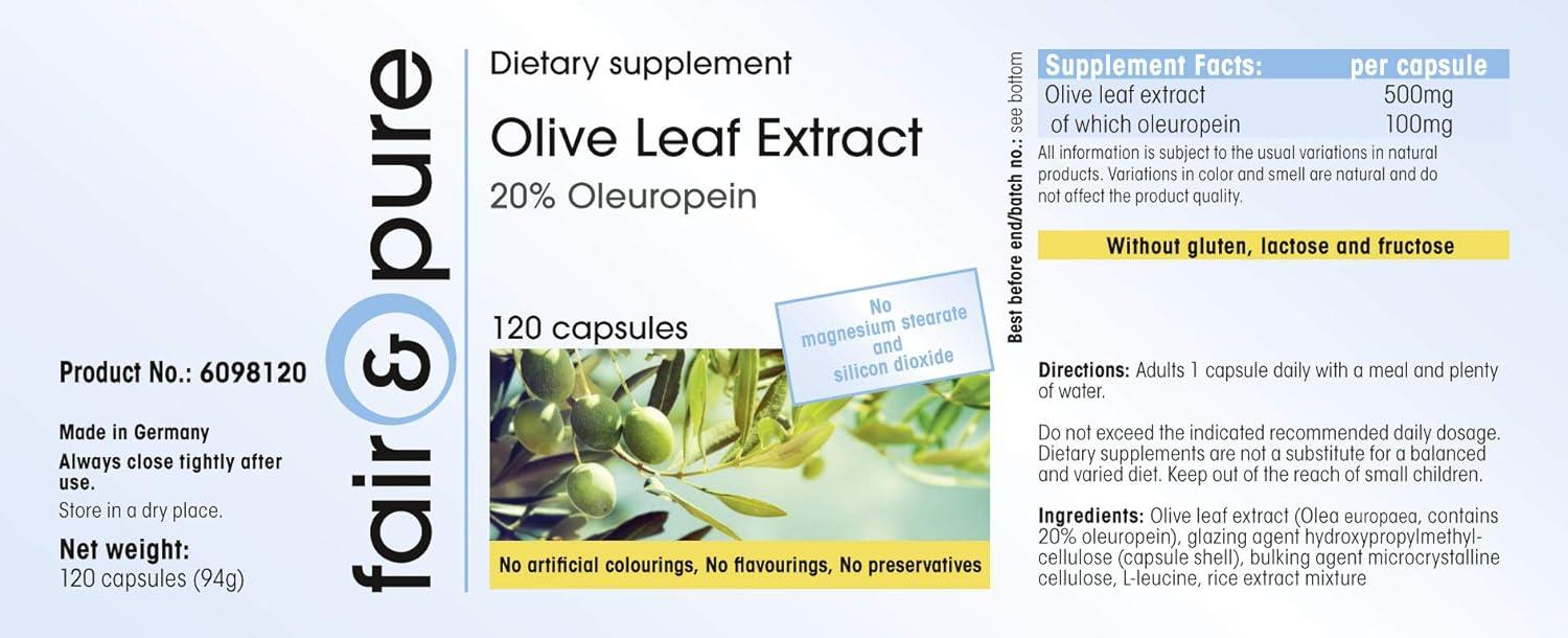 Fair & Pure Olive Leaf Extract 500mg - Vegan - 20% Oleuropein - 120 ...